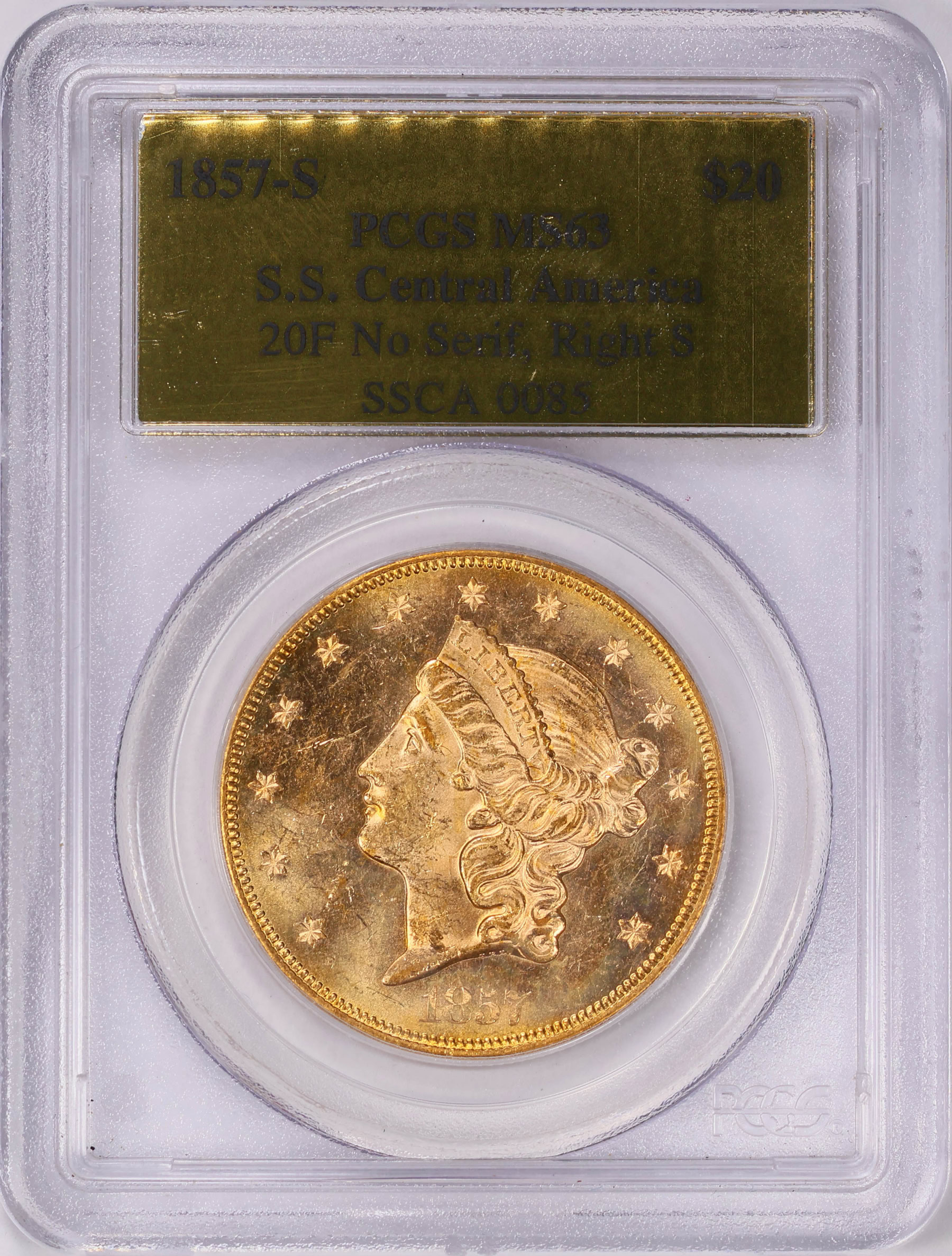 1857-S Liberty Gold Double Eagle No Serif, Right S Shipwreck S.S. Central America PCGS MS-63 ...