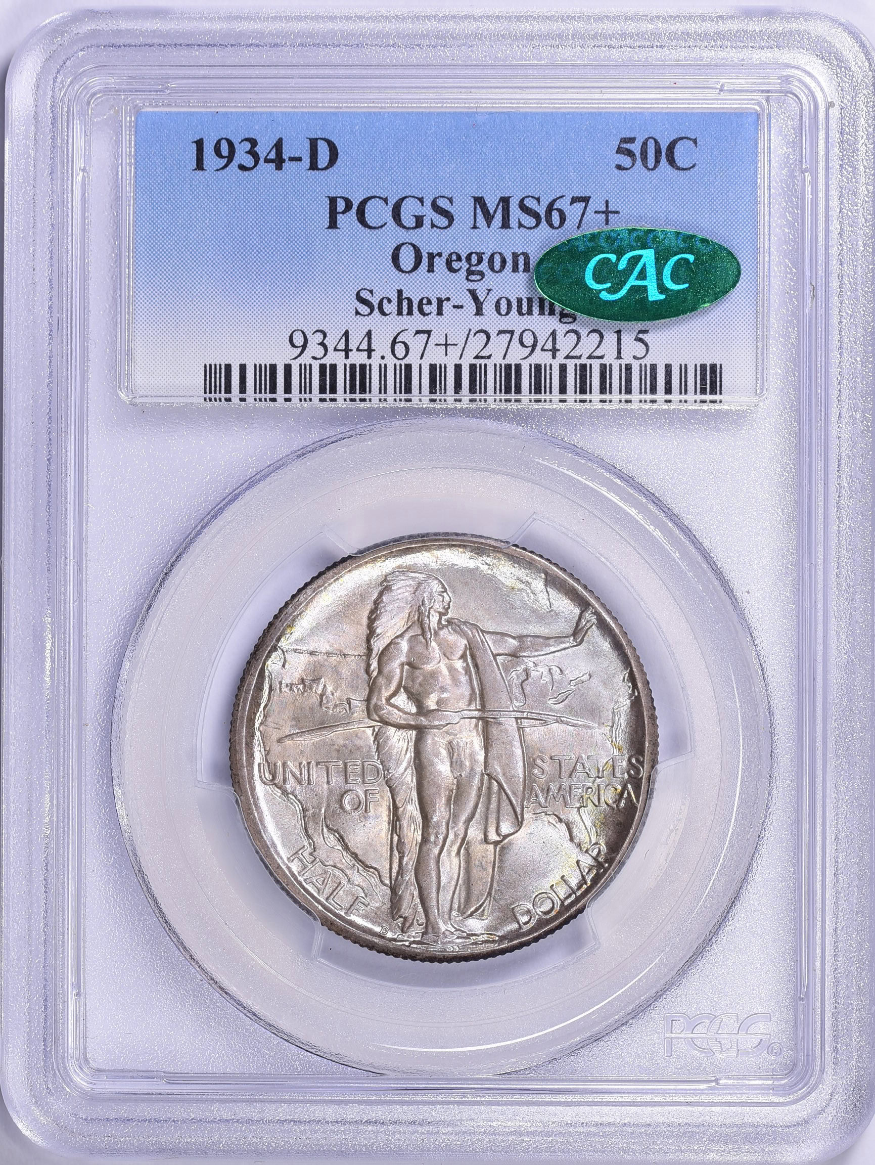1934-D Oregon Trail Memorial Half Dollar PCGS MS-67+ (CAC Green) (Scher-Young Collection) (Toned ...