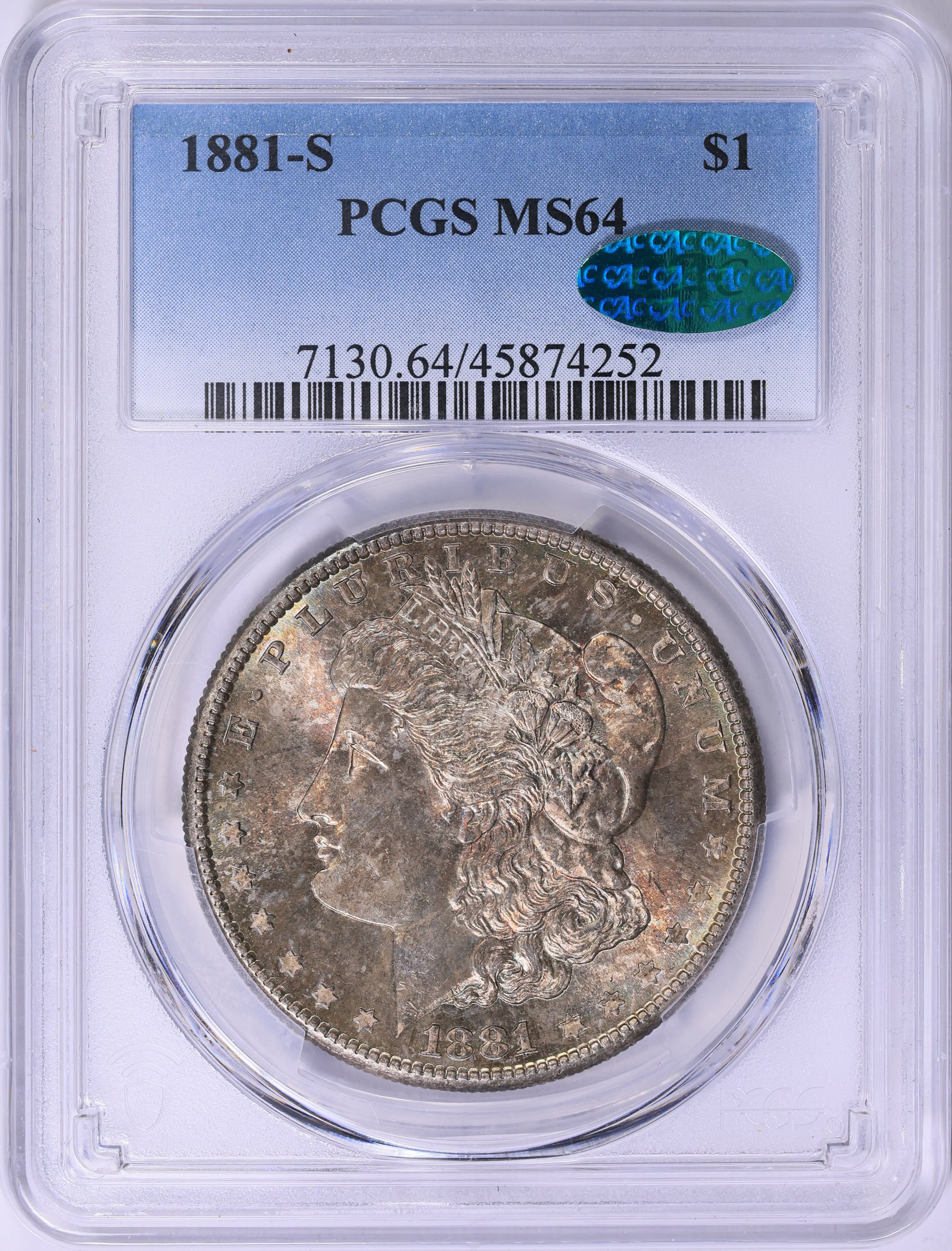 1881-S Morgan Silver Dollar PCGS MS-64 (CAC Green) (Toned) (Item 1846011) | GreatCollections ...