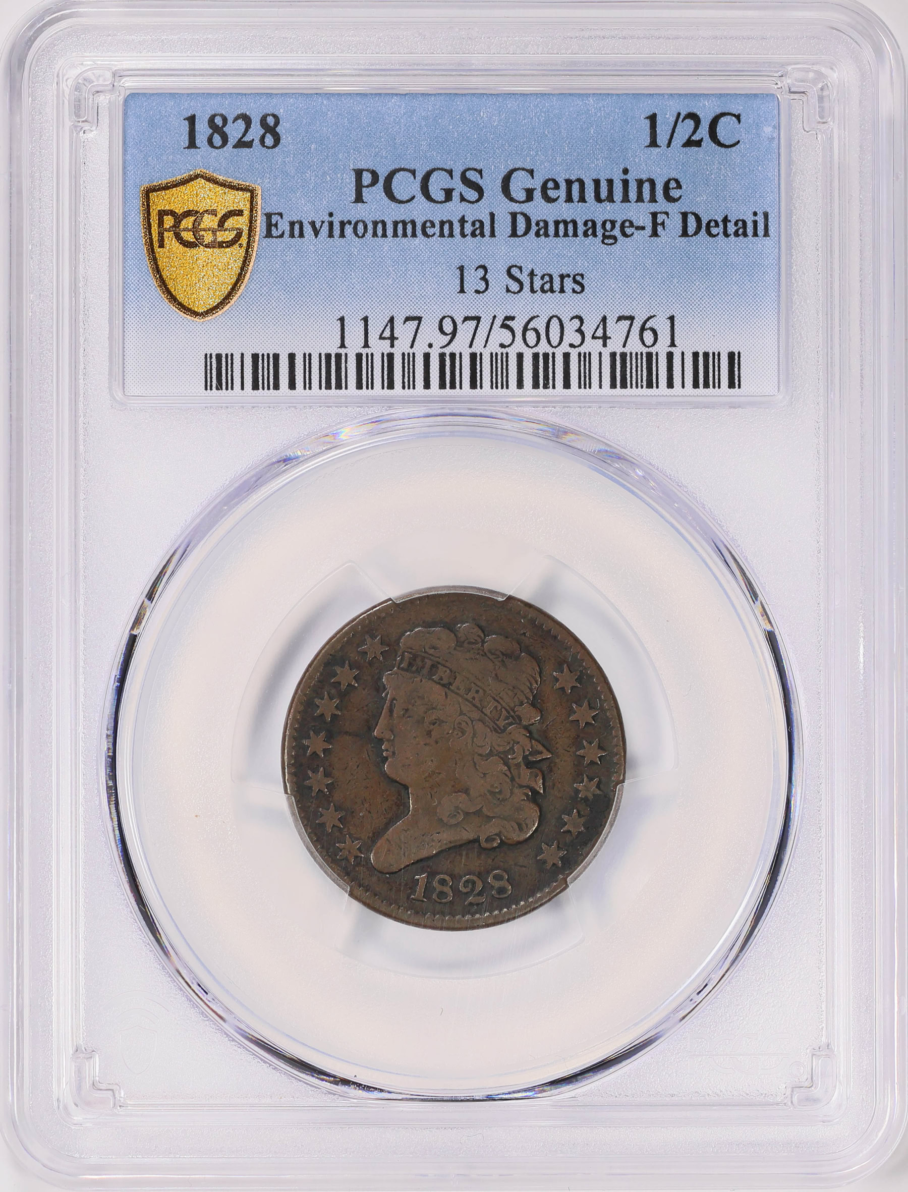 1828 Classic Half Cent 13 Stars PCGS Genuine Fine Details (Item 1846022) | GreatCollections Coin ...