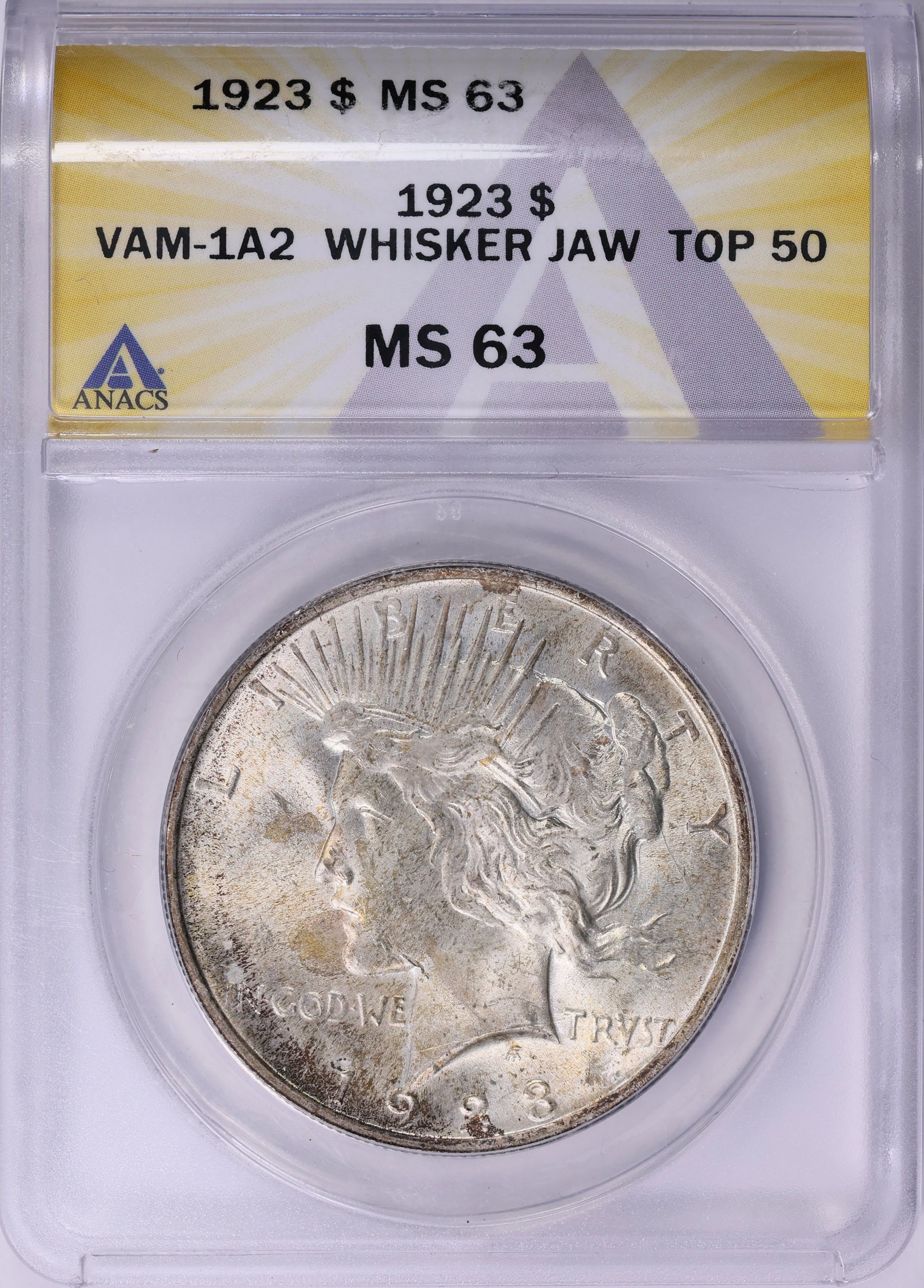 1923 Peace Silver Dollar Whisker Jaw VAM-1A2 Top 50 ANACS MS-63 | ANACS Cert #7848506 ...