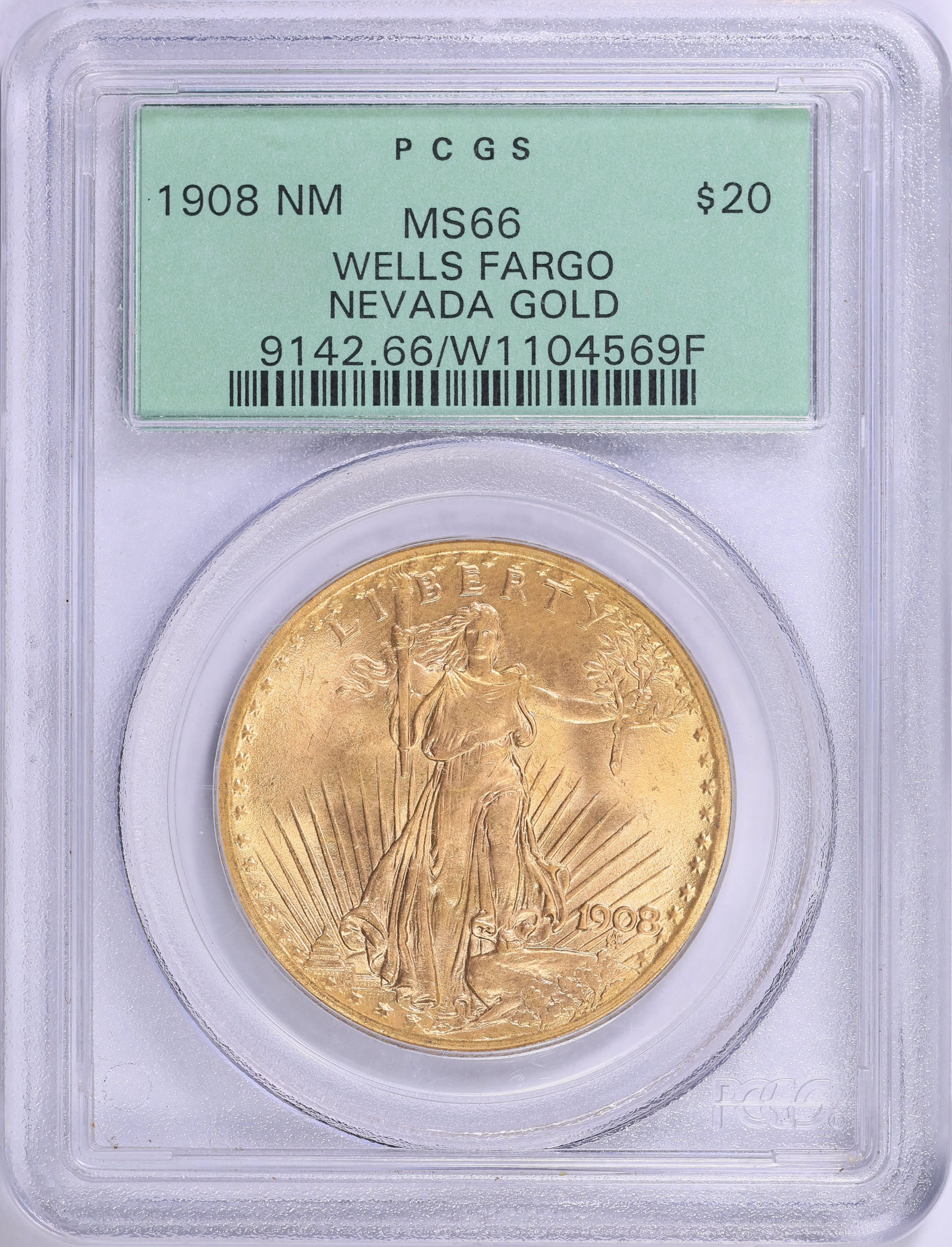1908 Saint-Gaudens Gold Double Eagle No Motto Wells Fargo Nevada Gold ...