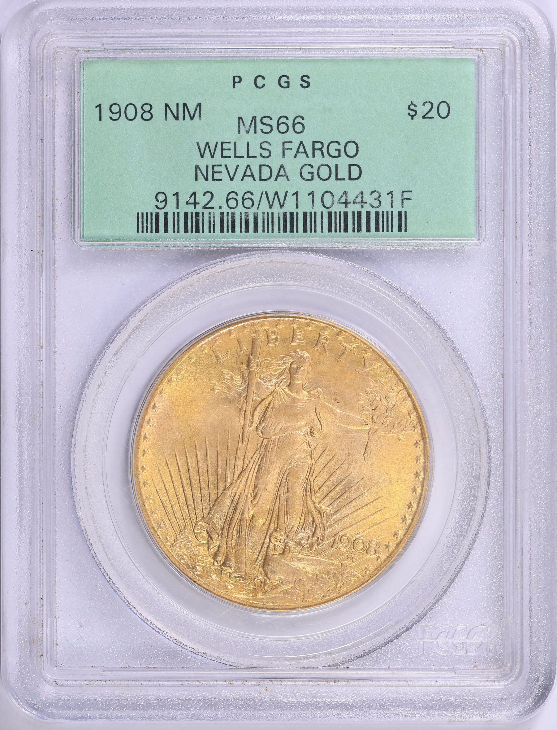 1908 Saint-Gaudens Gold Double Eagle No Motto Wells Fargo Nevada Gold ...