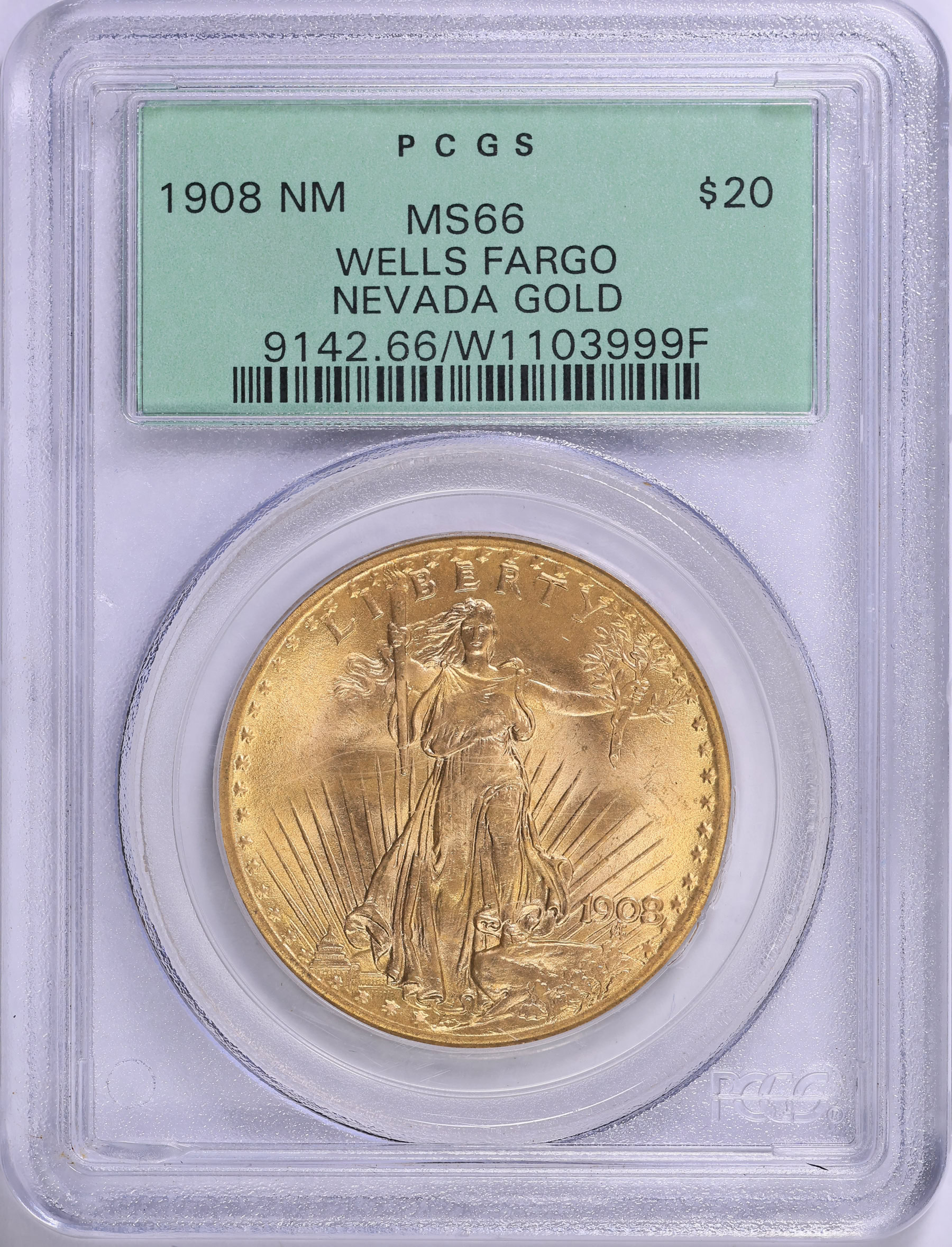1908 Saint-Gaudens Gold Double Eagle No Motto Wells Fargo Nevada Gold ...