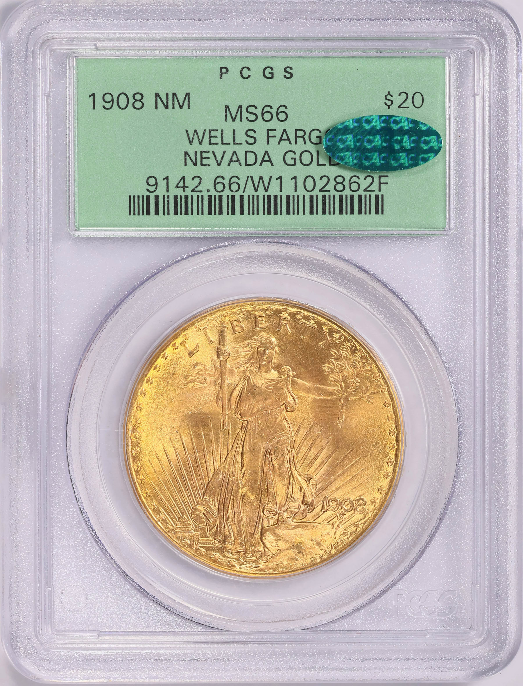 1908 Saint-Gaudens Gold Double Eagle No Motto Wells Fargo Nevada Gold ...