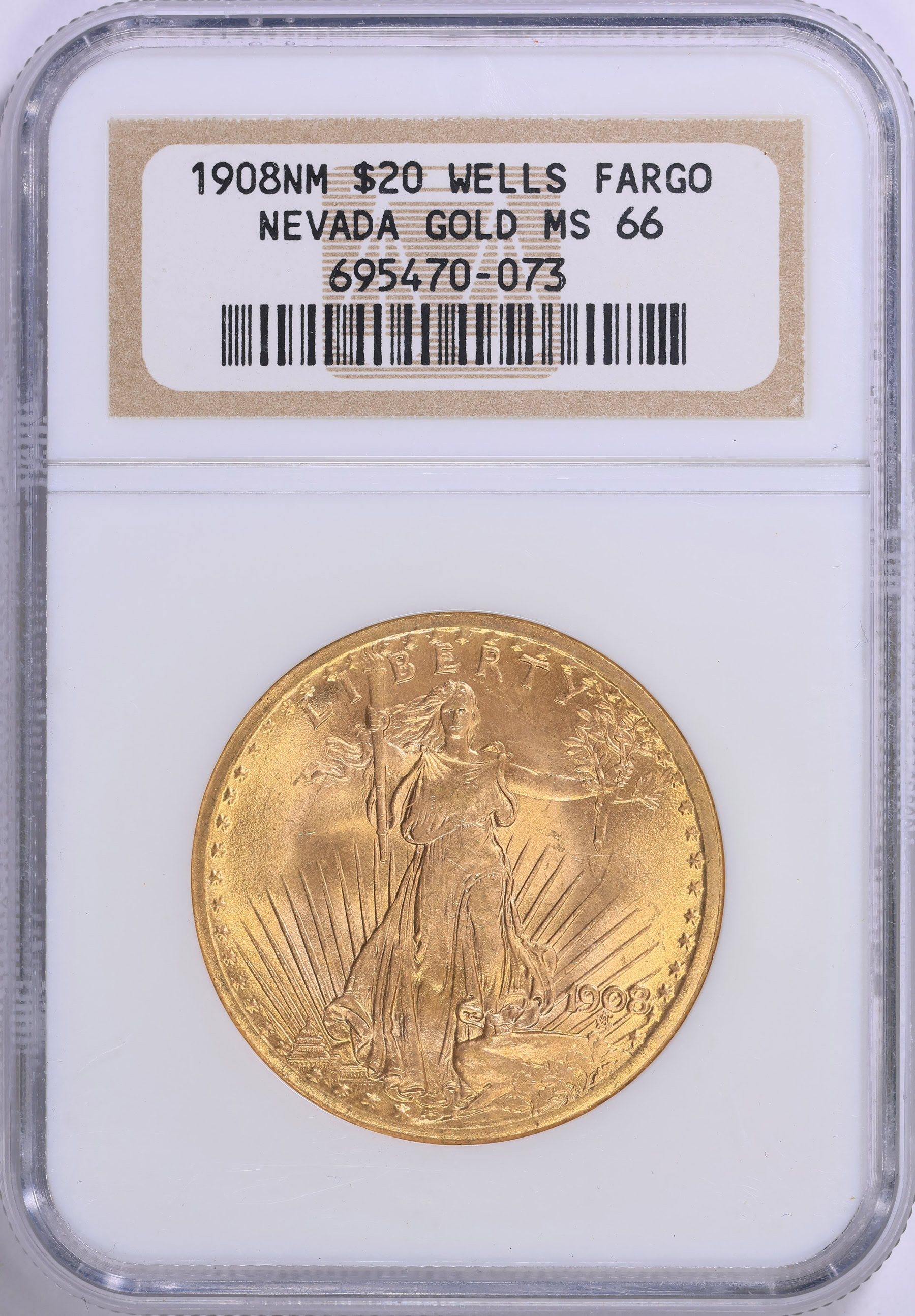 1908 Saint-Gaudens Gold Double Eagle No Motto Wells Fargo Nevada Gold ...