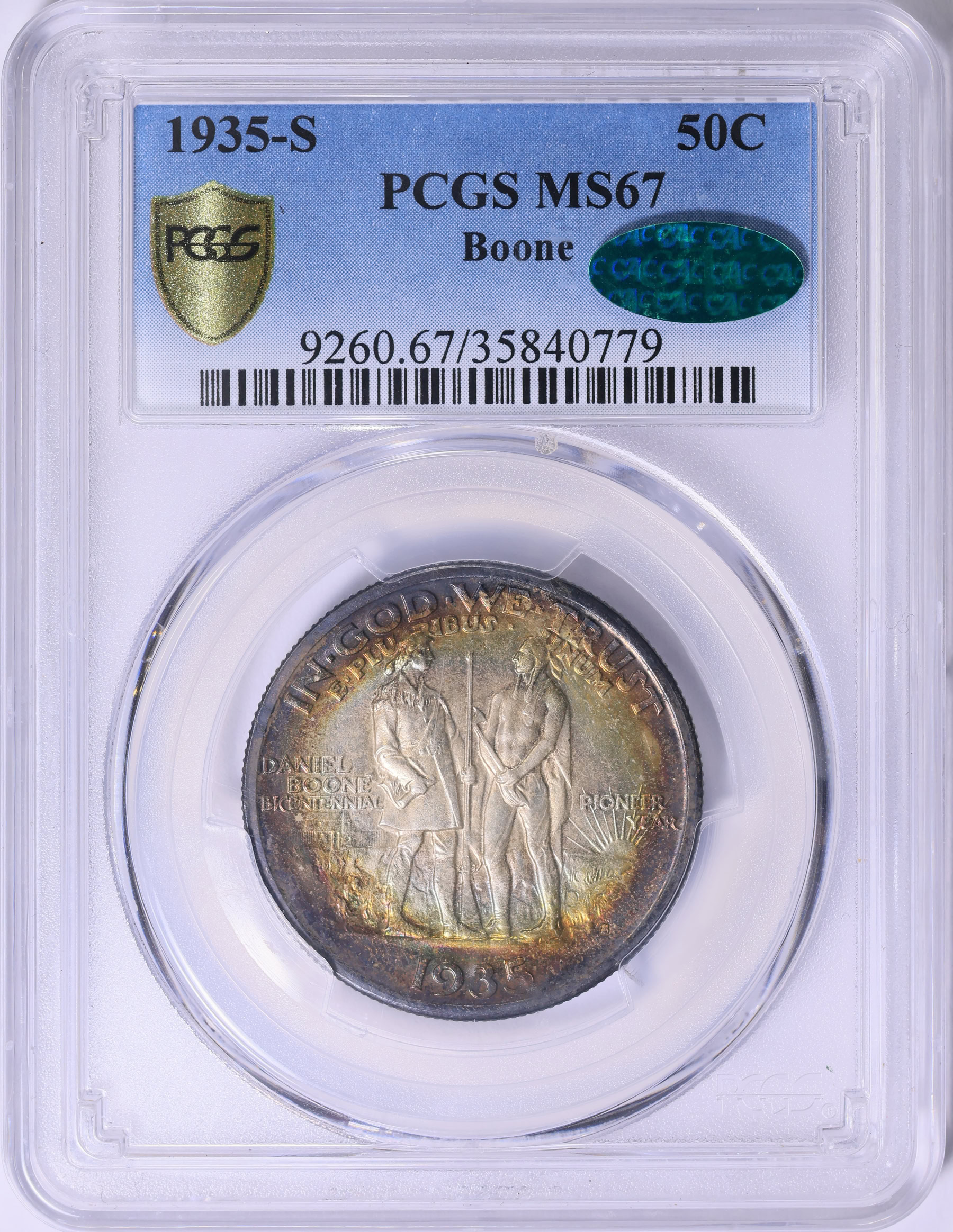1935-S Daniel Boone Bicentennial Half Dollar PCGS MS-67 (CAC Green) (Toned) (Item 1846095 ...
