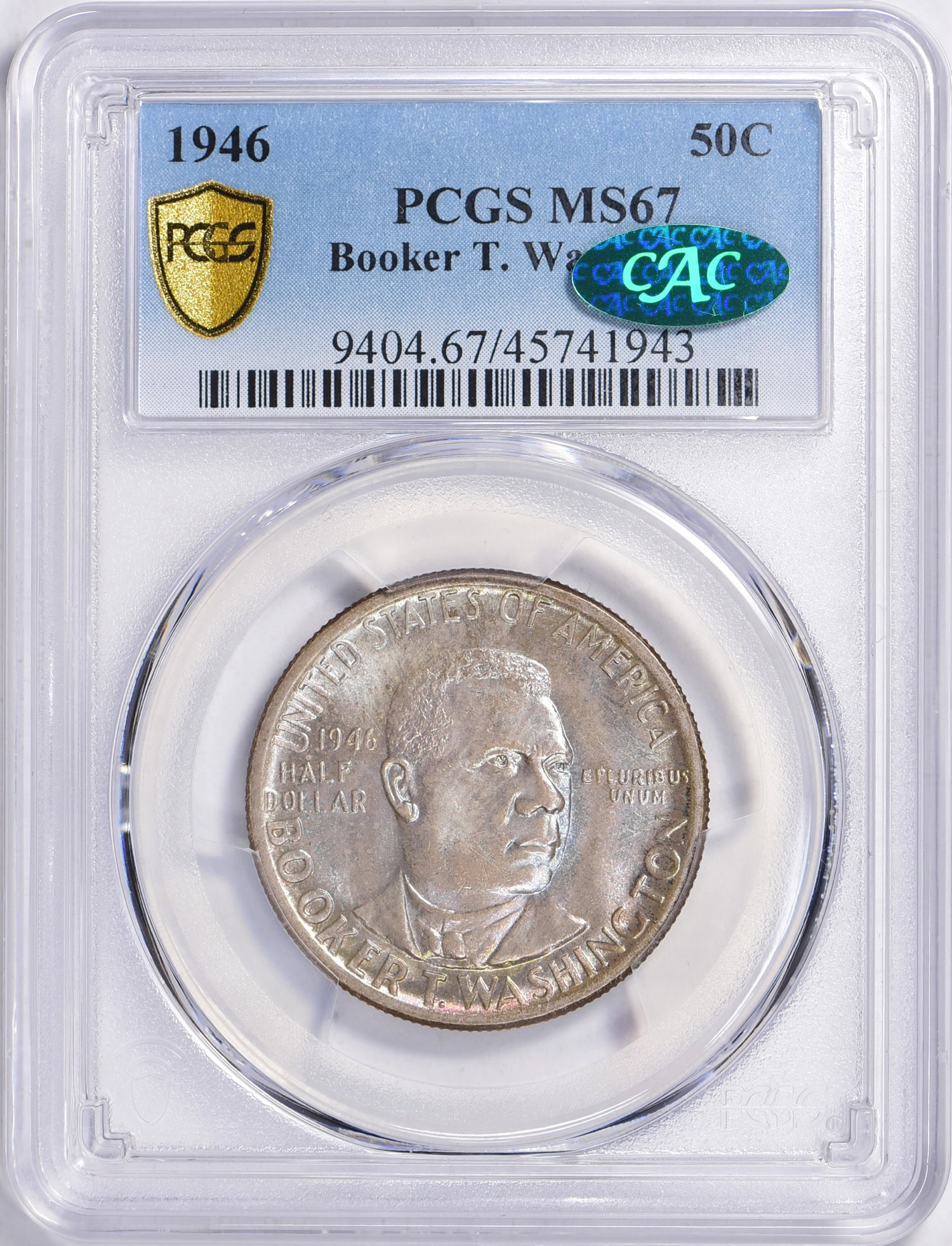 1946 Booker T. Washington Memorial Half Dollar PCGS MS-67 (CAC Green) (Toned) (Item 1846098 ...