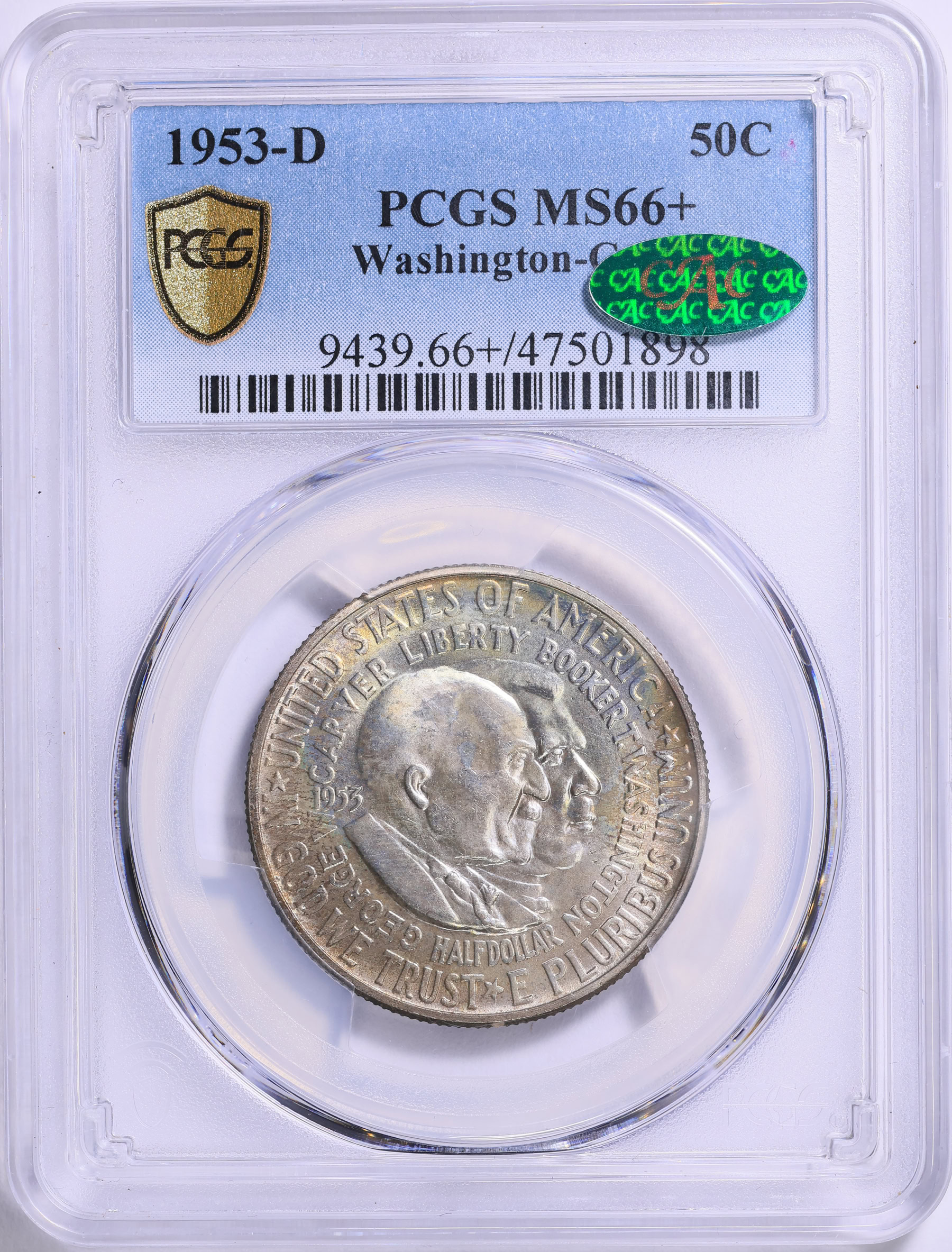 1953-D Carver/Washington Commemorative Half Dollar PCGS MS-66+ (CAC Green) (Toned) (Item 1846099 ...