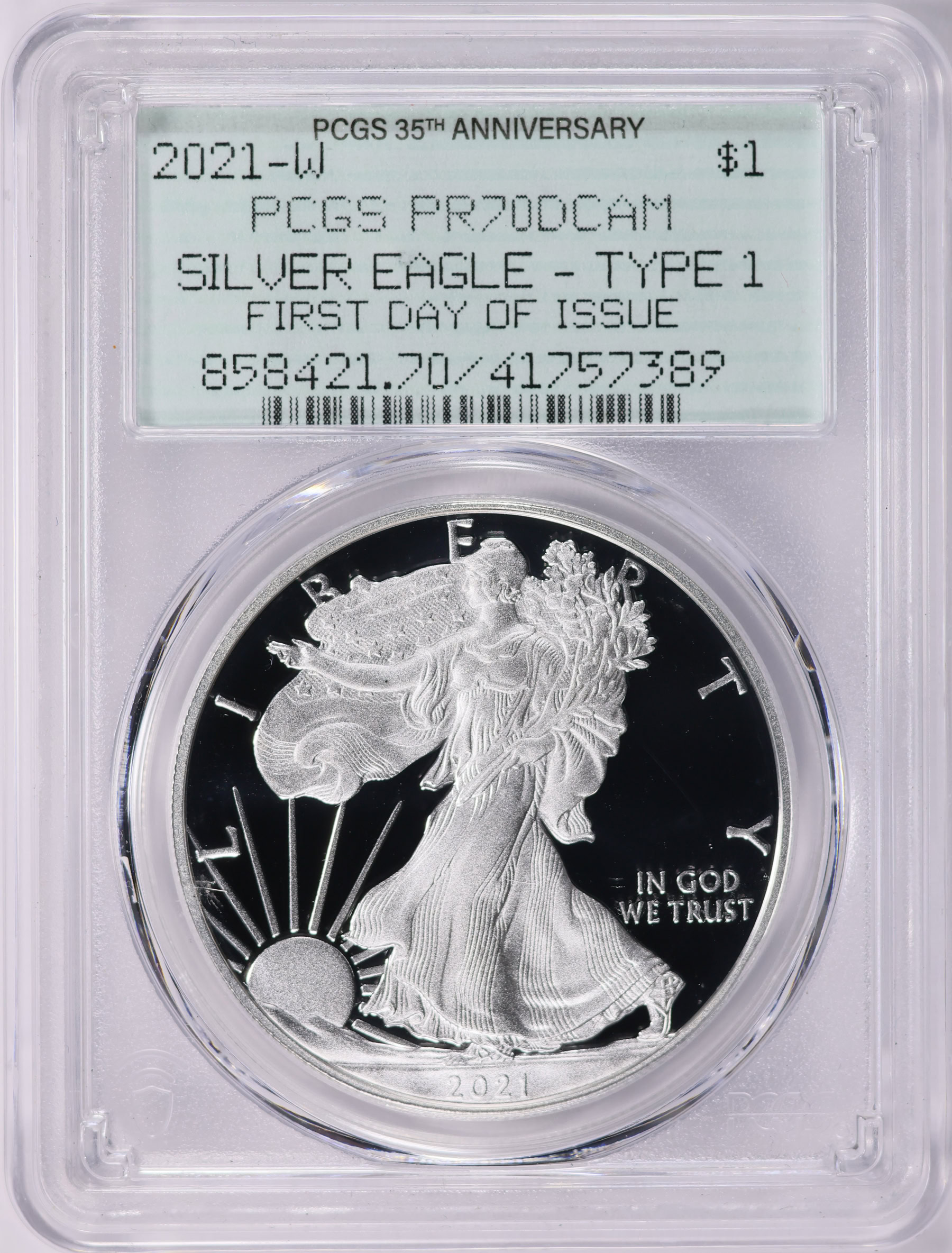 2021-W $1 Silver Eagle Type 1 First Day of Issue PCGS Proof-70 DCAM (OGH 35th Anniversary Label ...