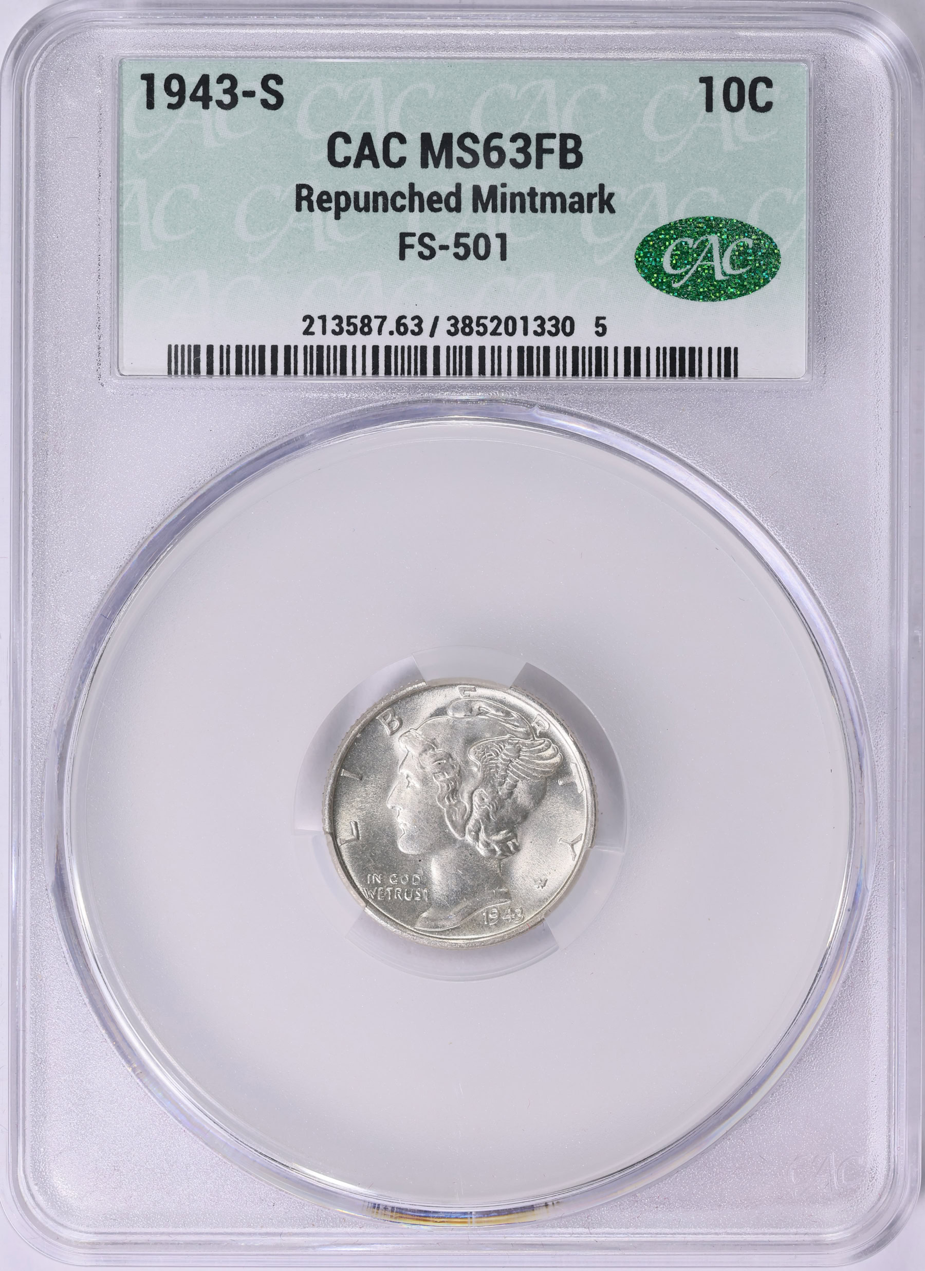 1943-S Mercury Dime Repunched Mintmark FS-501 CACG MS-63 FB (Item 1846619) | GreatCollections ...