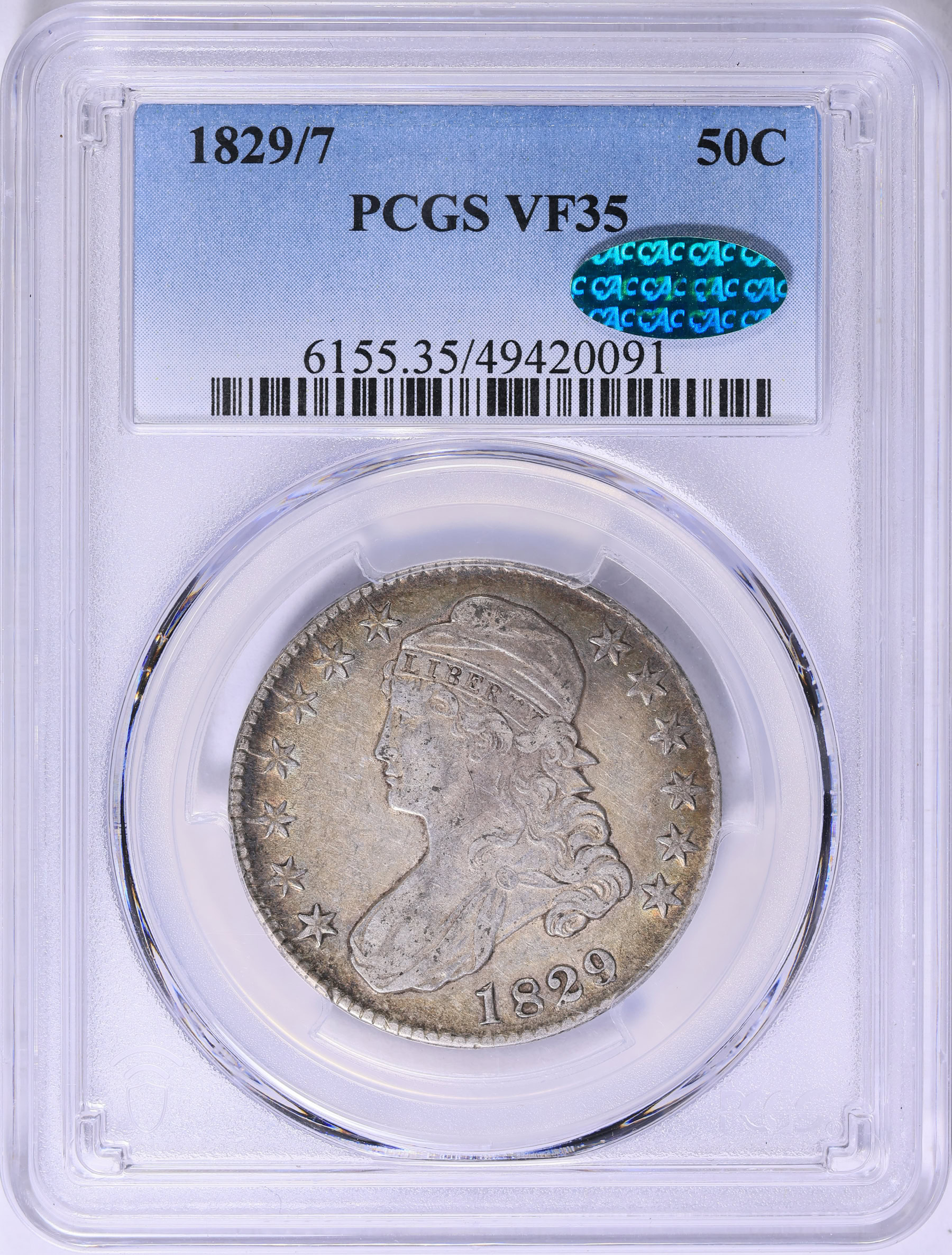 1829/7 Capped Bust Half Dollar PCGS VF-35 (CAC Green) (Toned) (Item 1846633) | GreatCollections ...