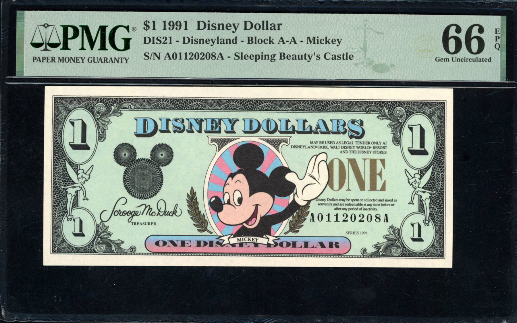 1991 Disneyland $1 Disney Dollar Note Mickey / Sleeping Beauty's Castle ...
