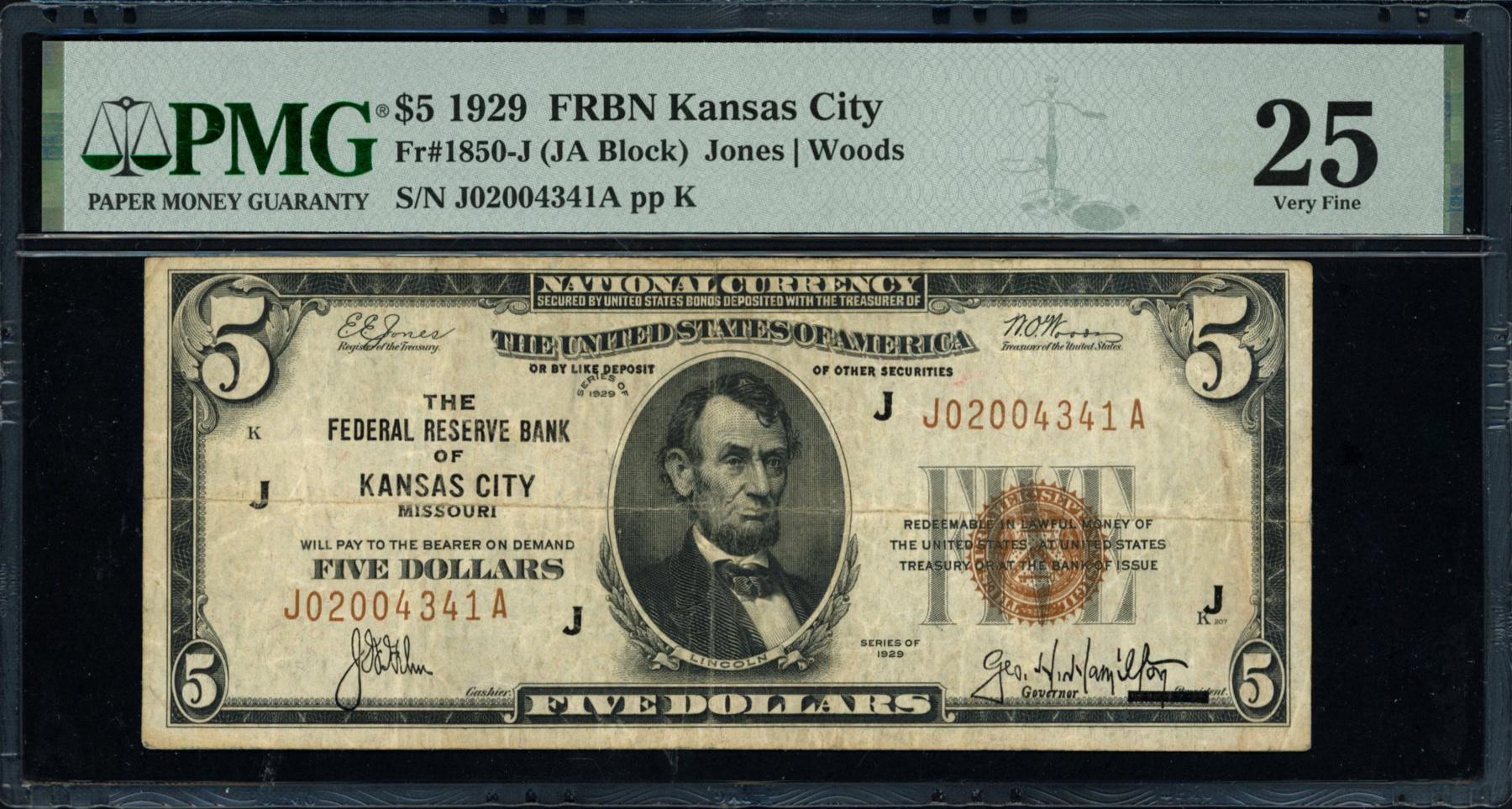 Fr. 1850-J (JA Block) 1929 $5 Kansas City Federal Reserve Bank Note ...