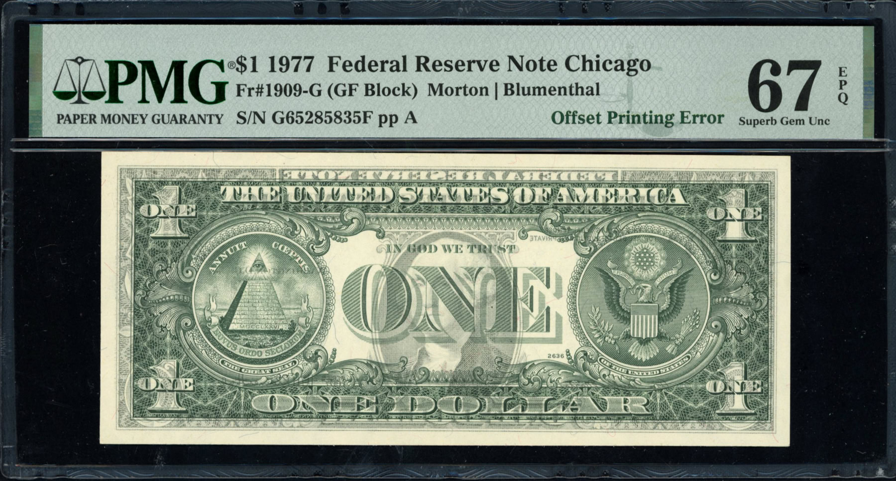 Fr. 1909-G (GF Block) 1977 $1 Chicago Federal Reserve Error Note ...