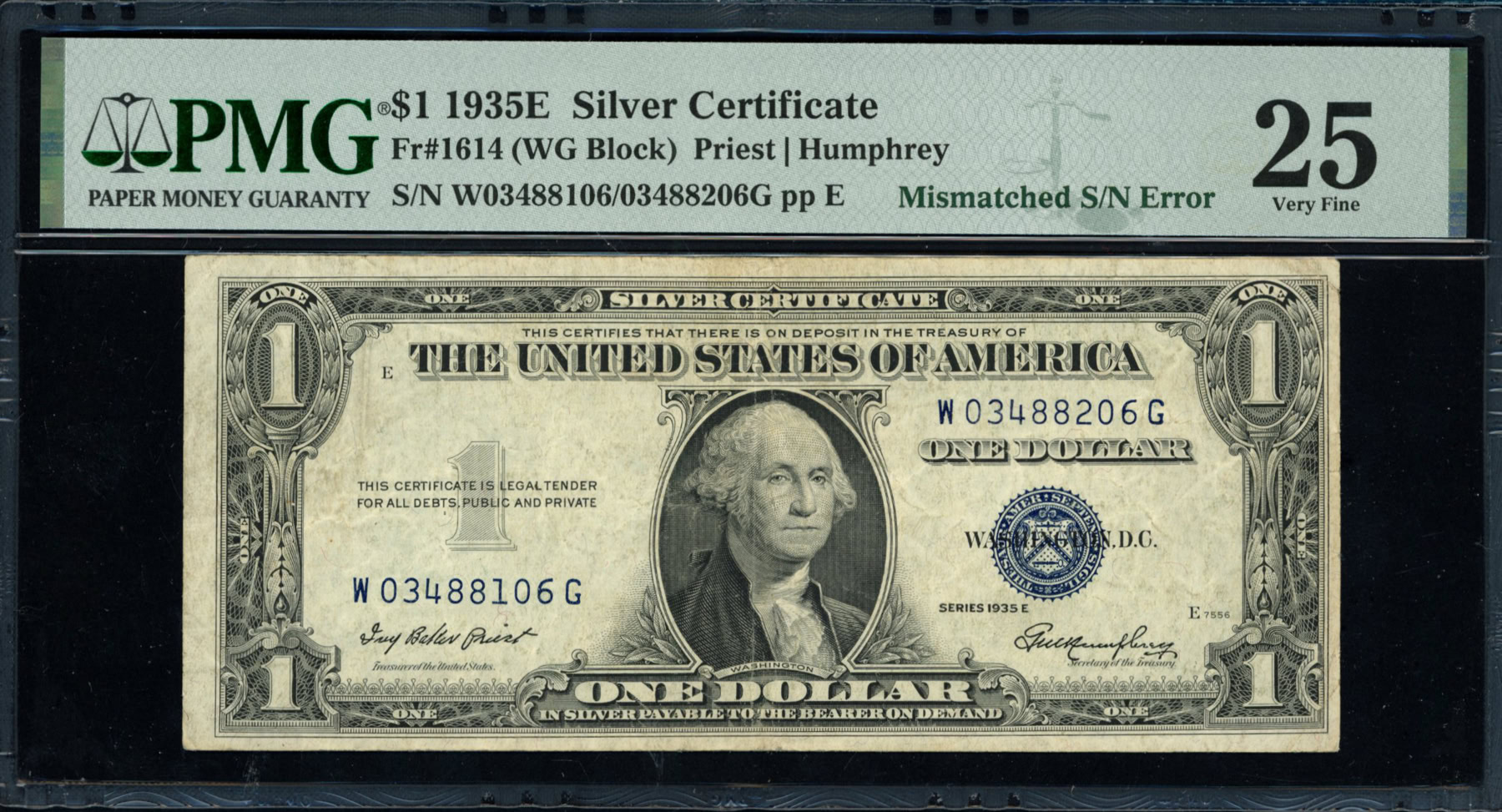 Fr. 1614 (WG Block) 1935E $1 Silver Certificate Error Note *Mismatched ...