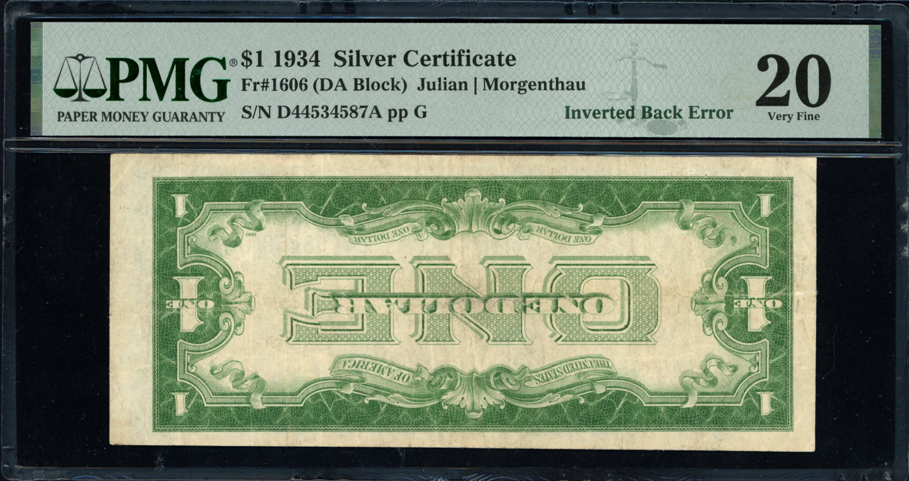 Fr. 1606 (DA Block) 1934 $1 Silver Certificate Error Note *Inverted Back Error* Julian ...