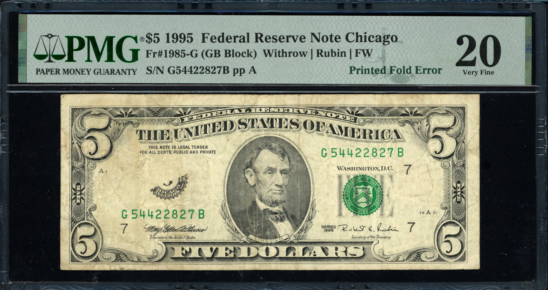 Fr. 1985-G (GB Block) 1995 $5 Chicago Federal Reserve Error Note ...
