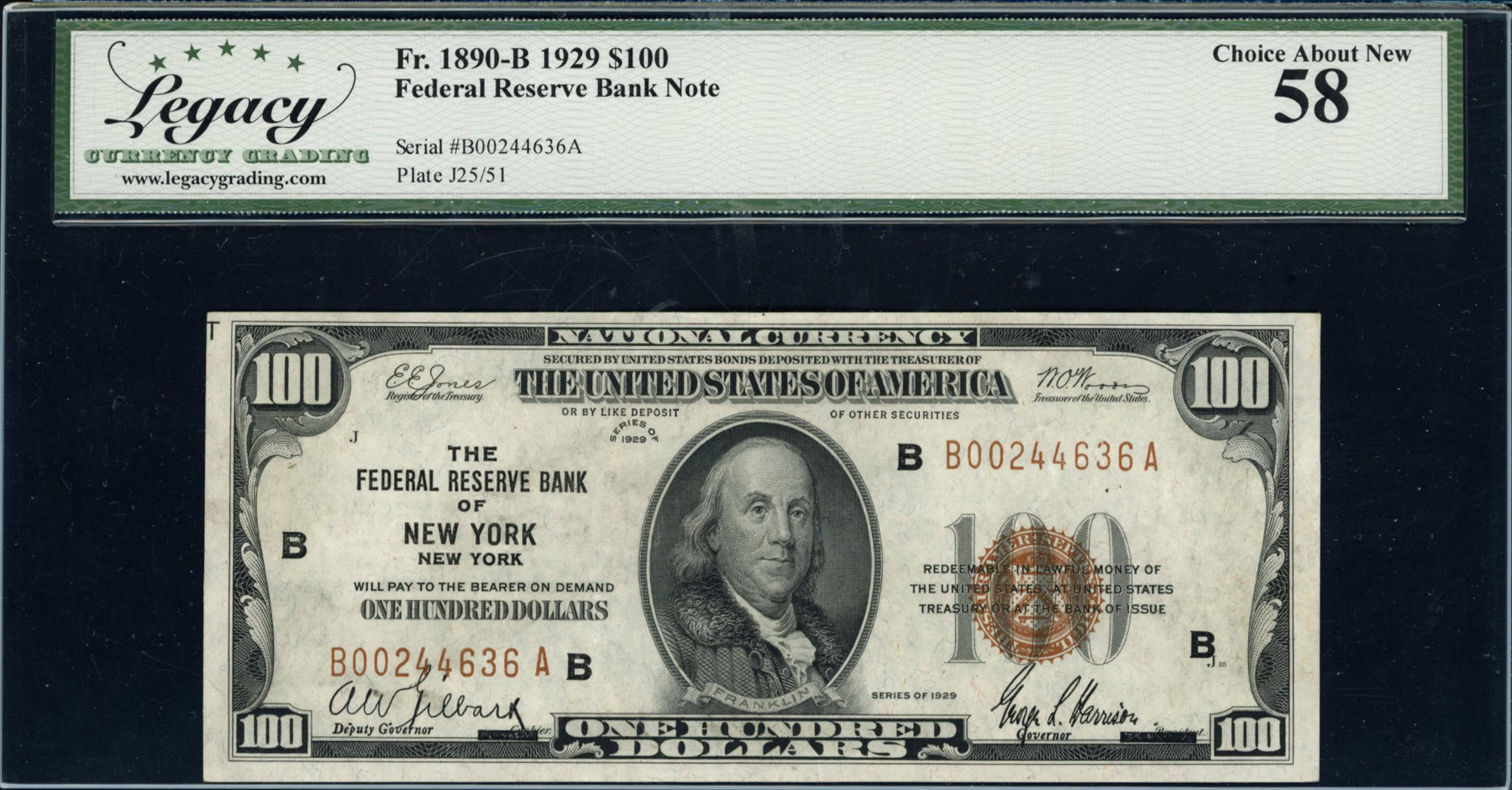 Fr. 1890-B (BA Block) 1929 $100 New York Federal Reserve Bank Note Jones / Woods Legacy Choice ...