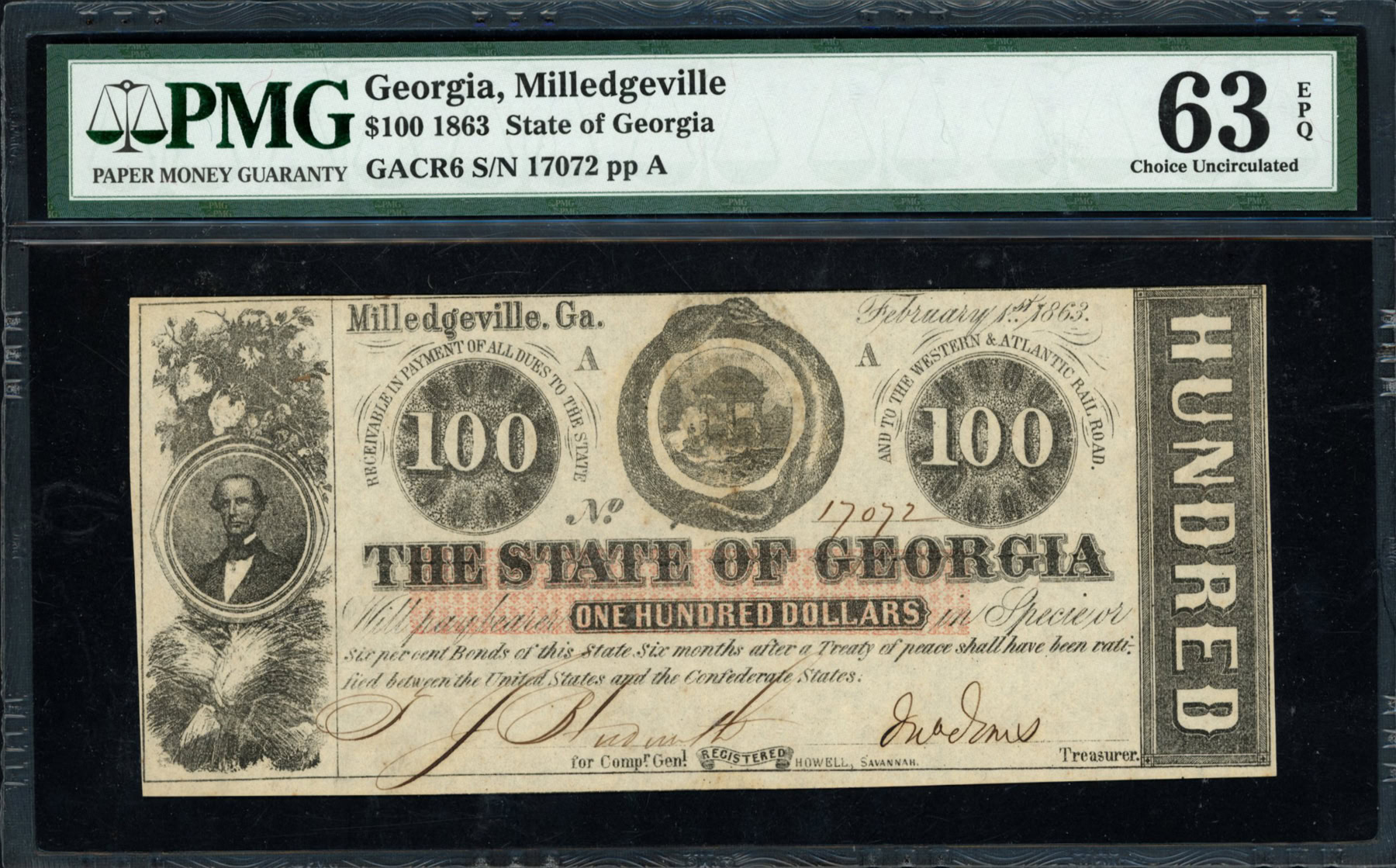 1863 Milledgeville, Georgia State of Georgia $100 Note PMG Choice ...