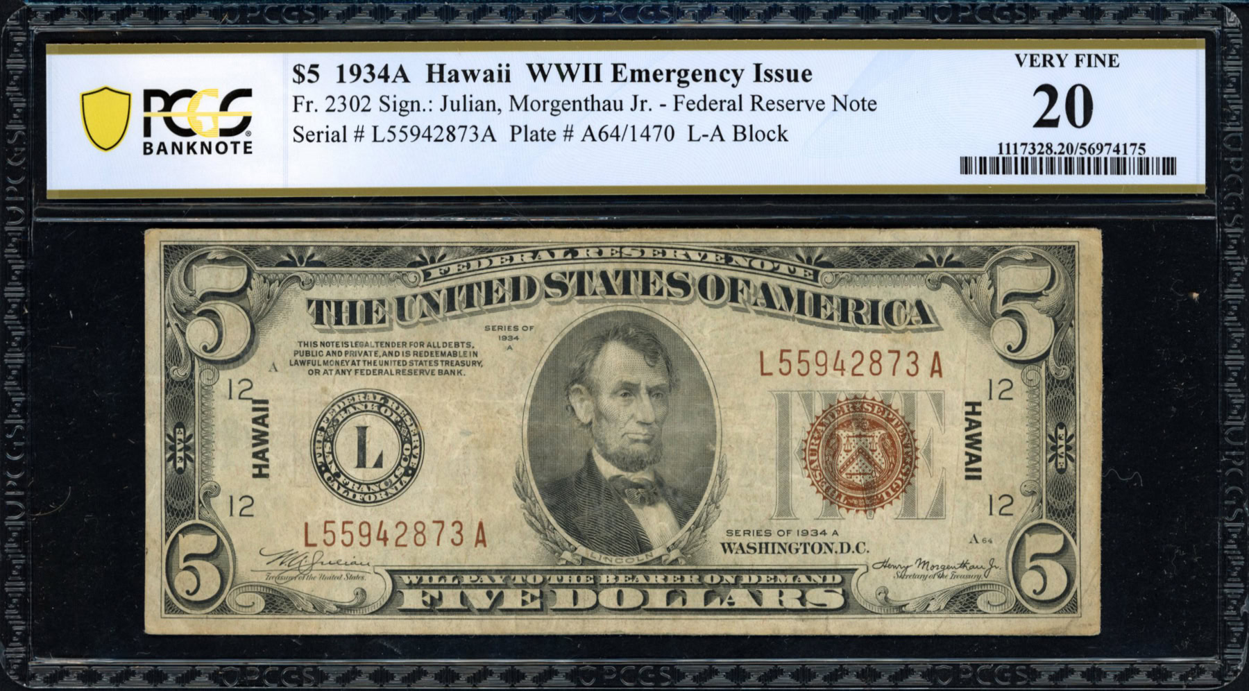 Fr. 2302 (LA Block) 1934A $5 Hawaii WWII Emergency Issue Note Julian ...