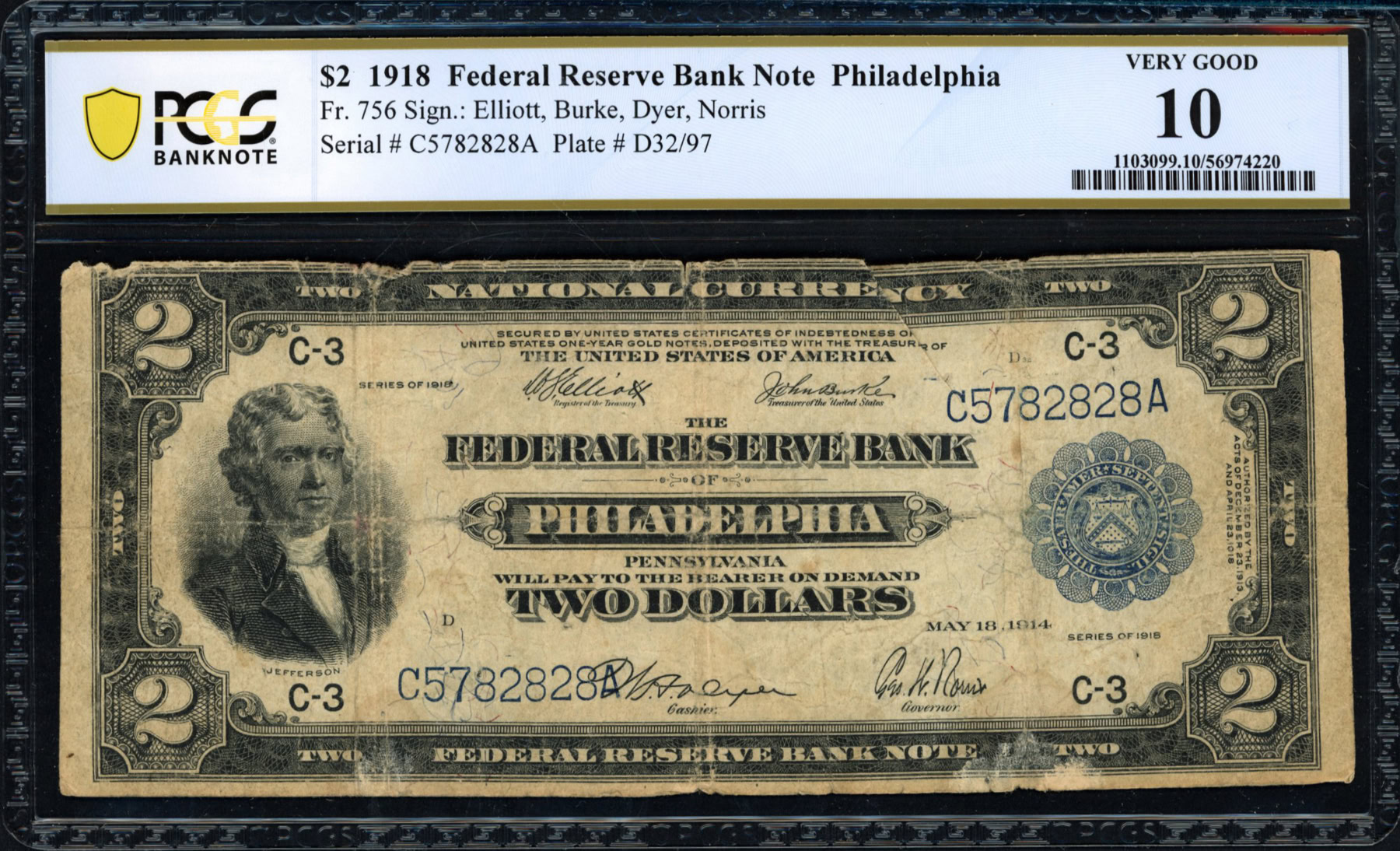 Fr. 756 1918 $2 Philadelphia Federal Reserve Bank Note Elliott / Burke ...