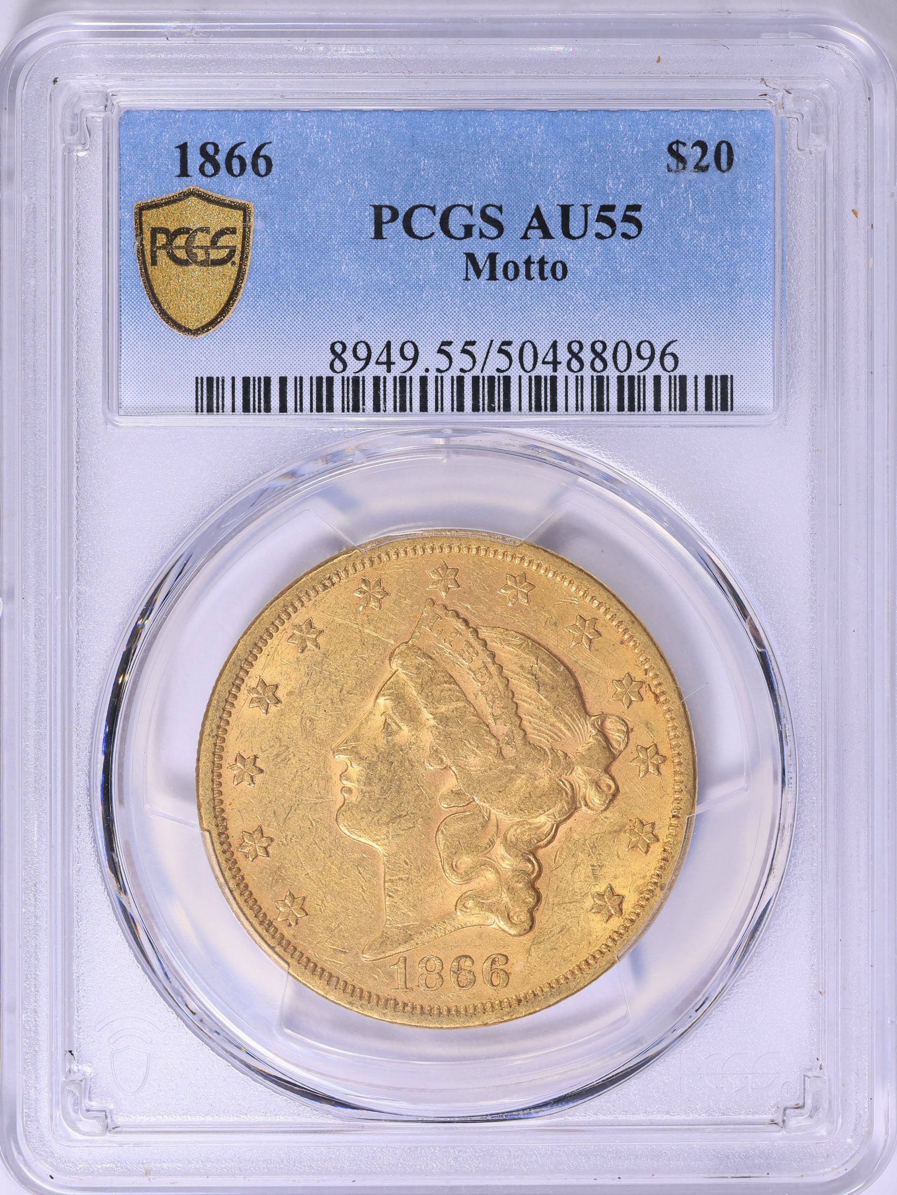 1866 Liberty Gold Double Eagle Motto PCGS AU-55 (Item 1846908) | GreatCollections Coin Auctions