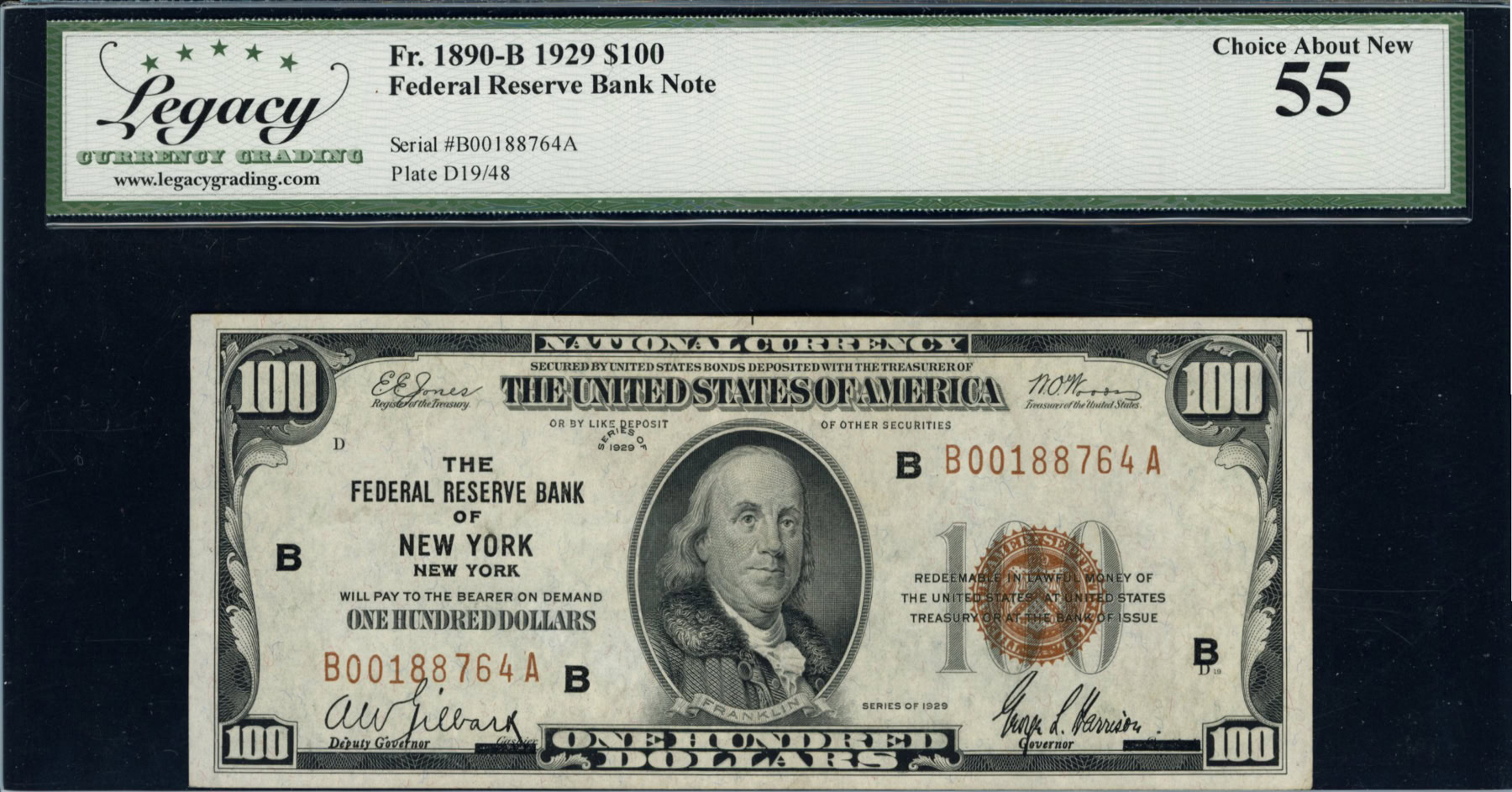 Fr. 1890-B (BA Block) 1929 $100 New York Federal Reserve Bank Note Jones / Woods Legacy Choice ...