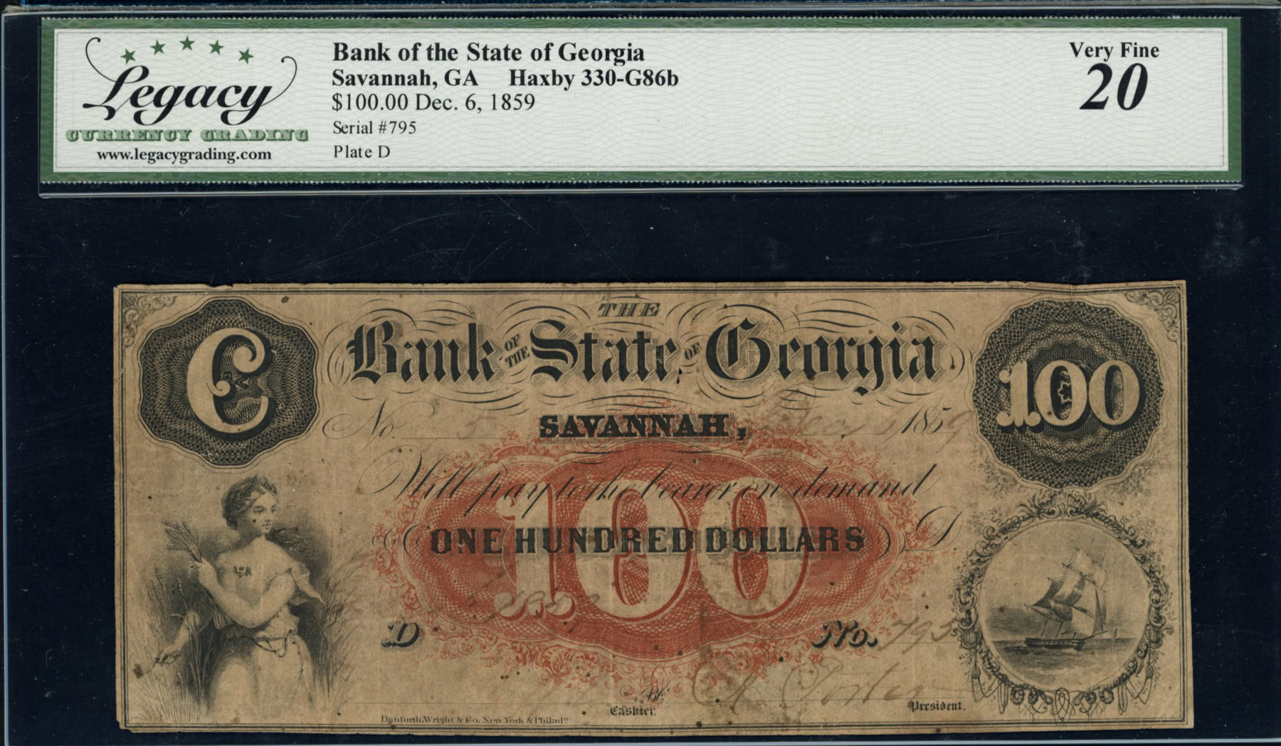 Dec. 6, 1859 Savannah, Georgia Bank of the State of Georgia $100 Note ...