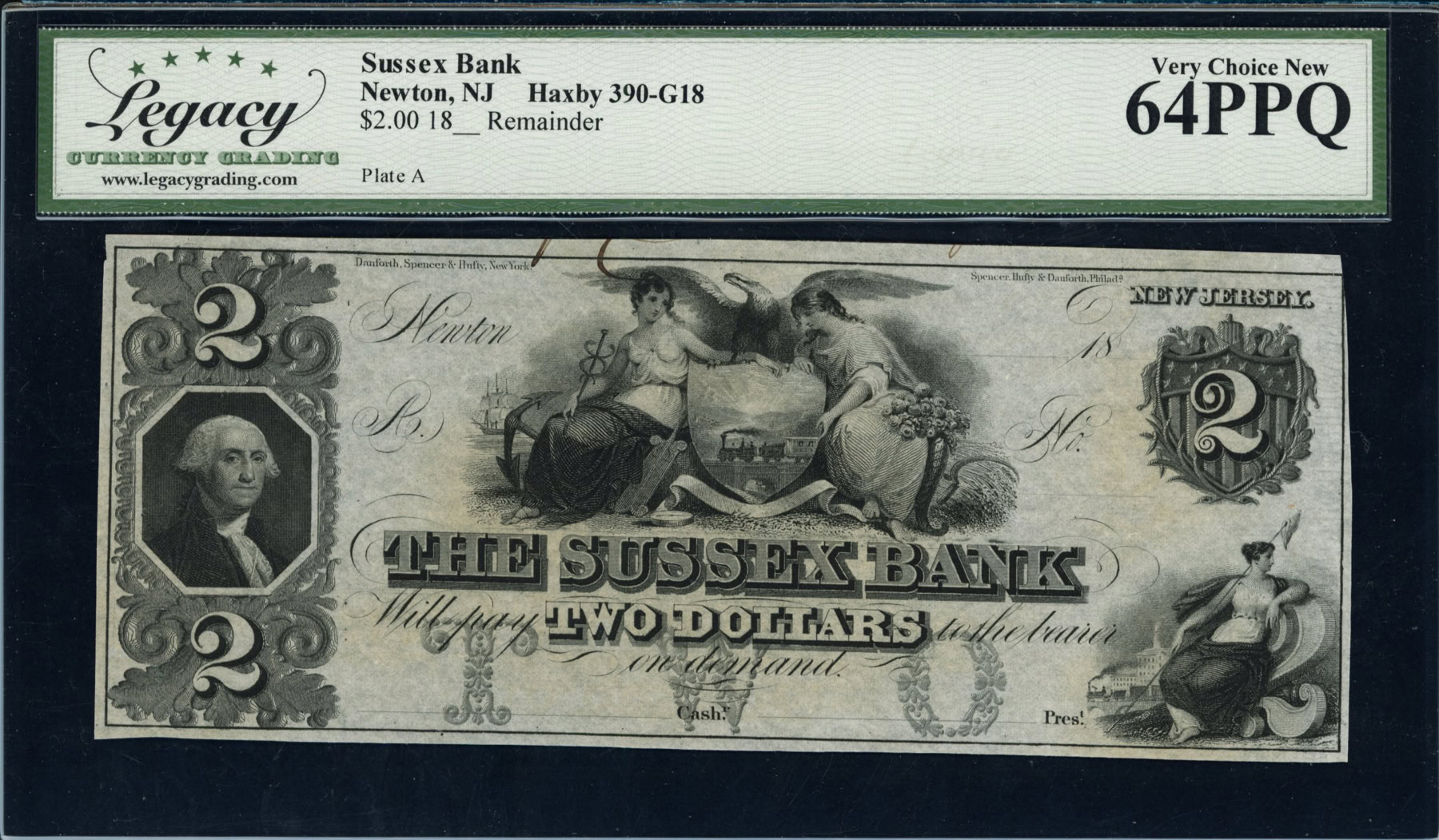 1840s-50s Newton, New Jersey Sussex Bank $2 Remainder Note Legacy Very ...