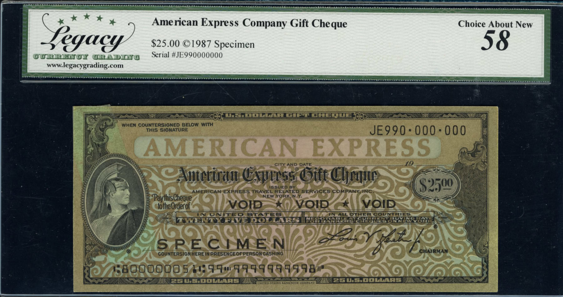 1987 American Express Company $25 Gift Cheque Specimen Note Legacy ...