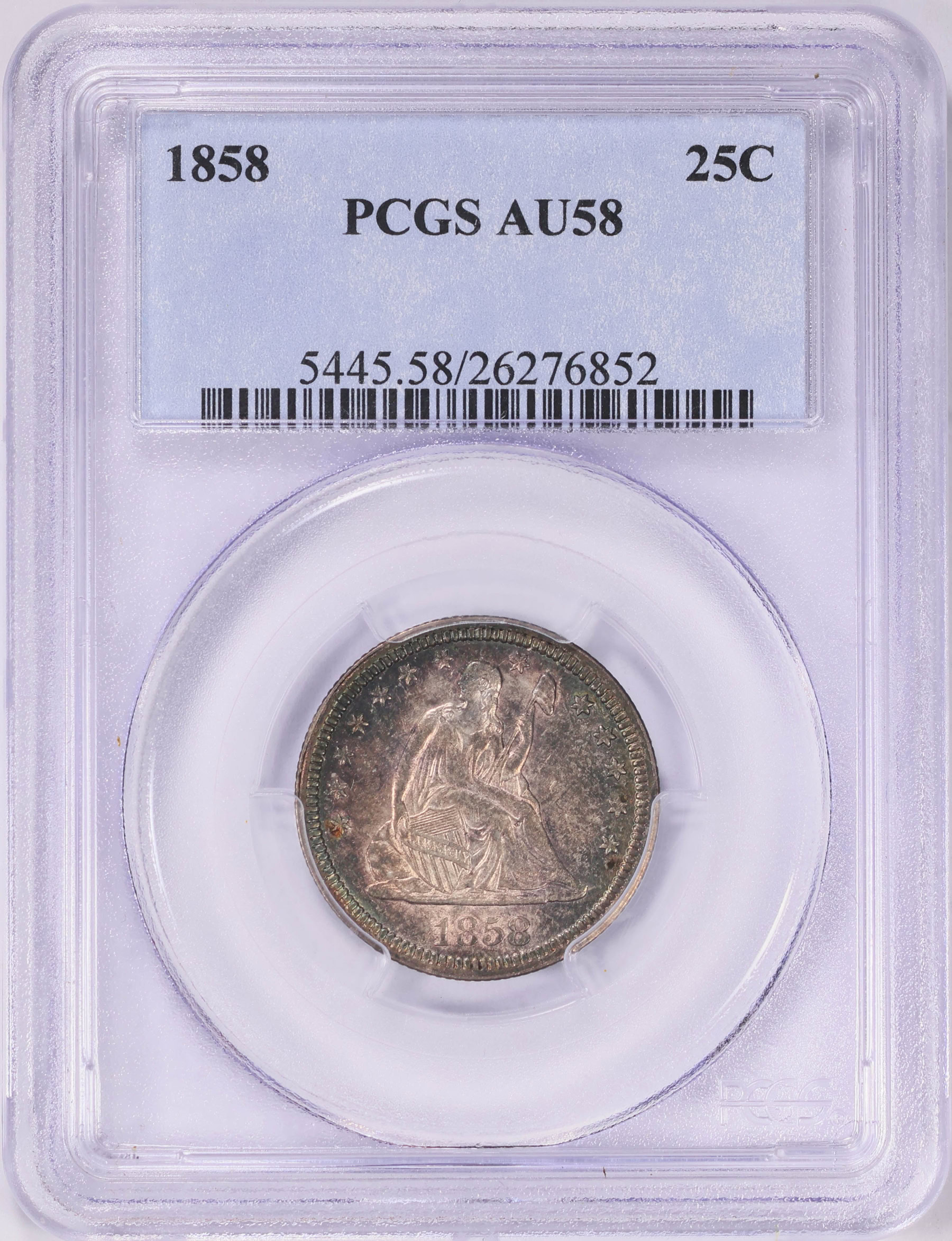1858 Seated Liberty Quarter PCGS AU-58 (Toned) (Item 1846993) | GreatCollections Coin Auctions