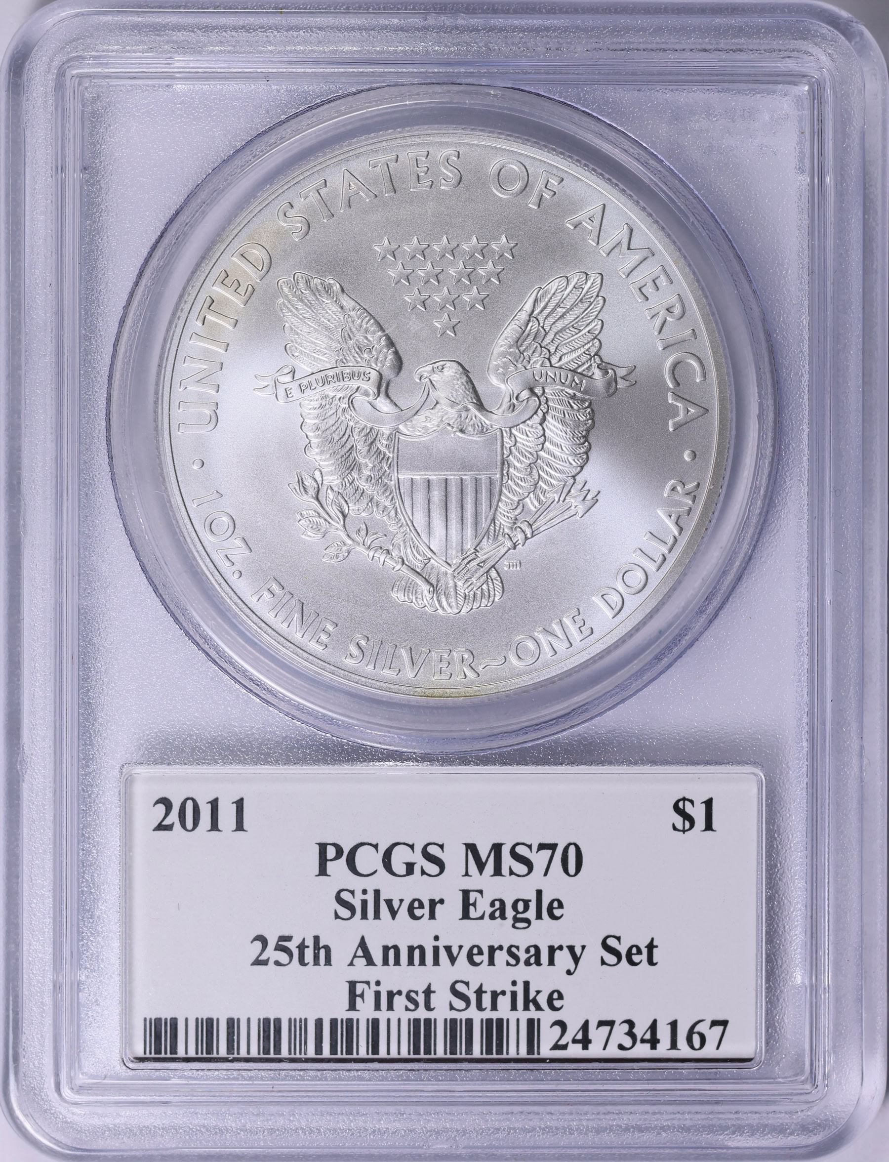 2011 $1 Silver Eagle 25th Anniversary First Strike PCGS MS-70 (Mercanti Signed Label) (Item ...