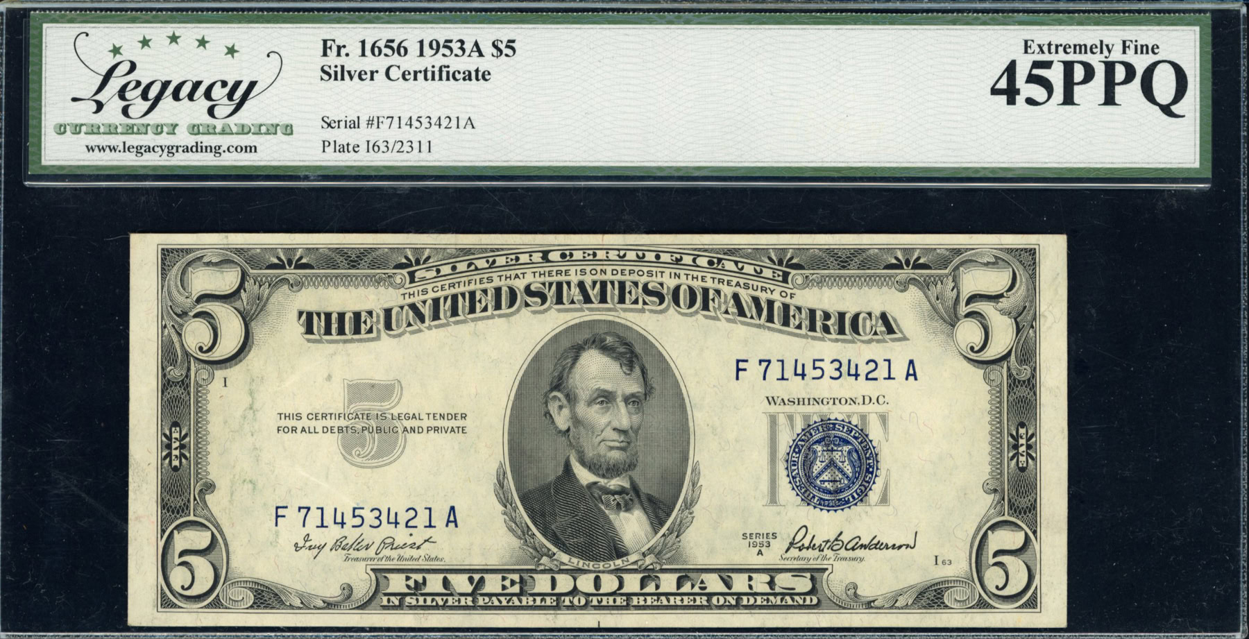 Fr. 1656 (FA Block) 1953A $5 Silver Certificate Note Priest / Anderson ...