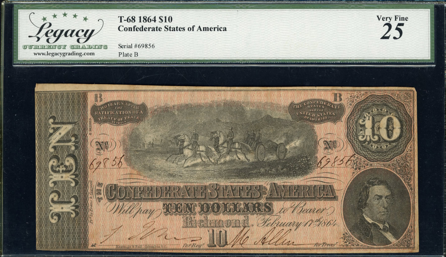 T-68 Confederate States of America 1864 $10 Note Legacy Very Fine 25 ...