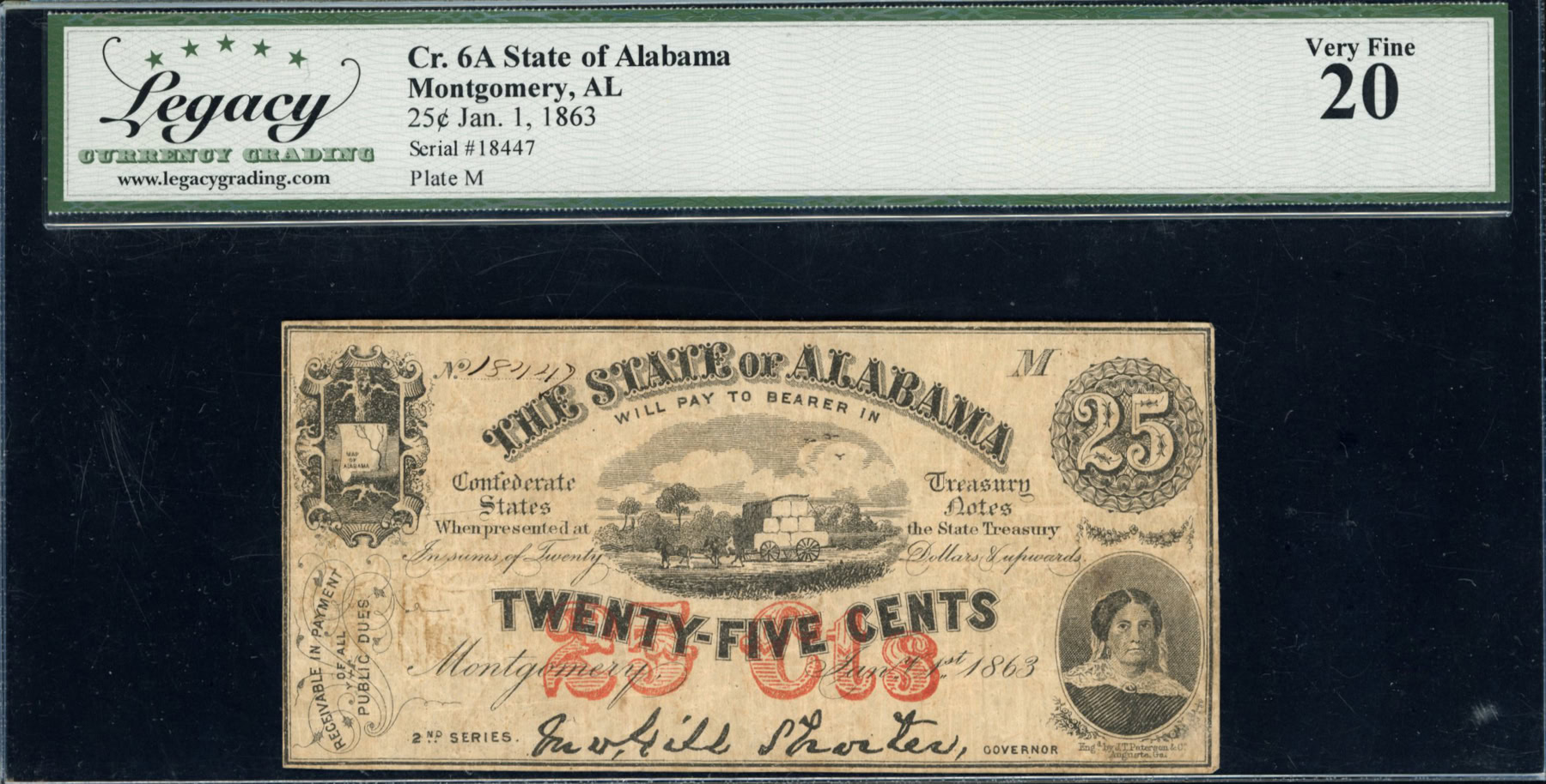 1863 Montgomery, Alabama State of Alabama 25 Cents Note Legacy Very ...