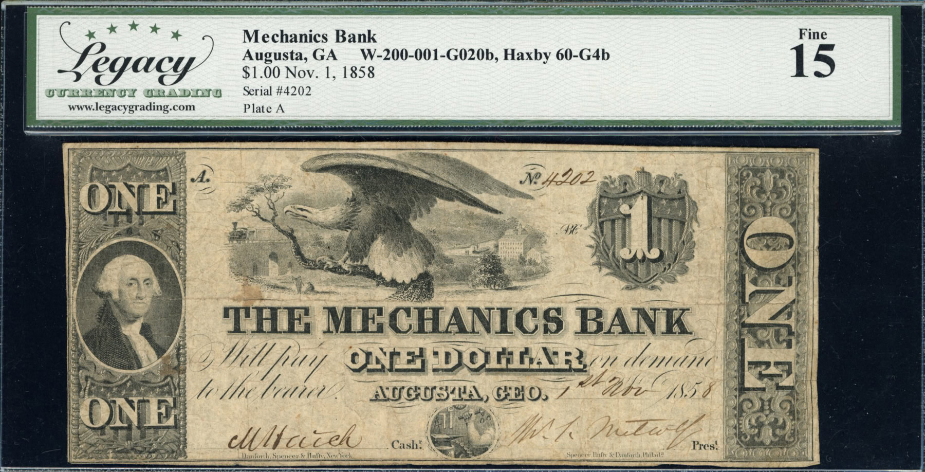 Nov. 1, 1858 Augusta, Georgia The Mechanics Bank $1 Note Legacy Fine 15 ...