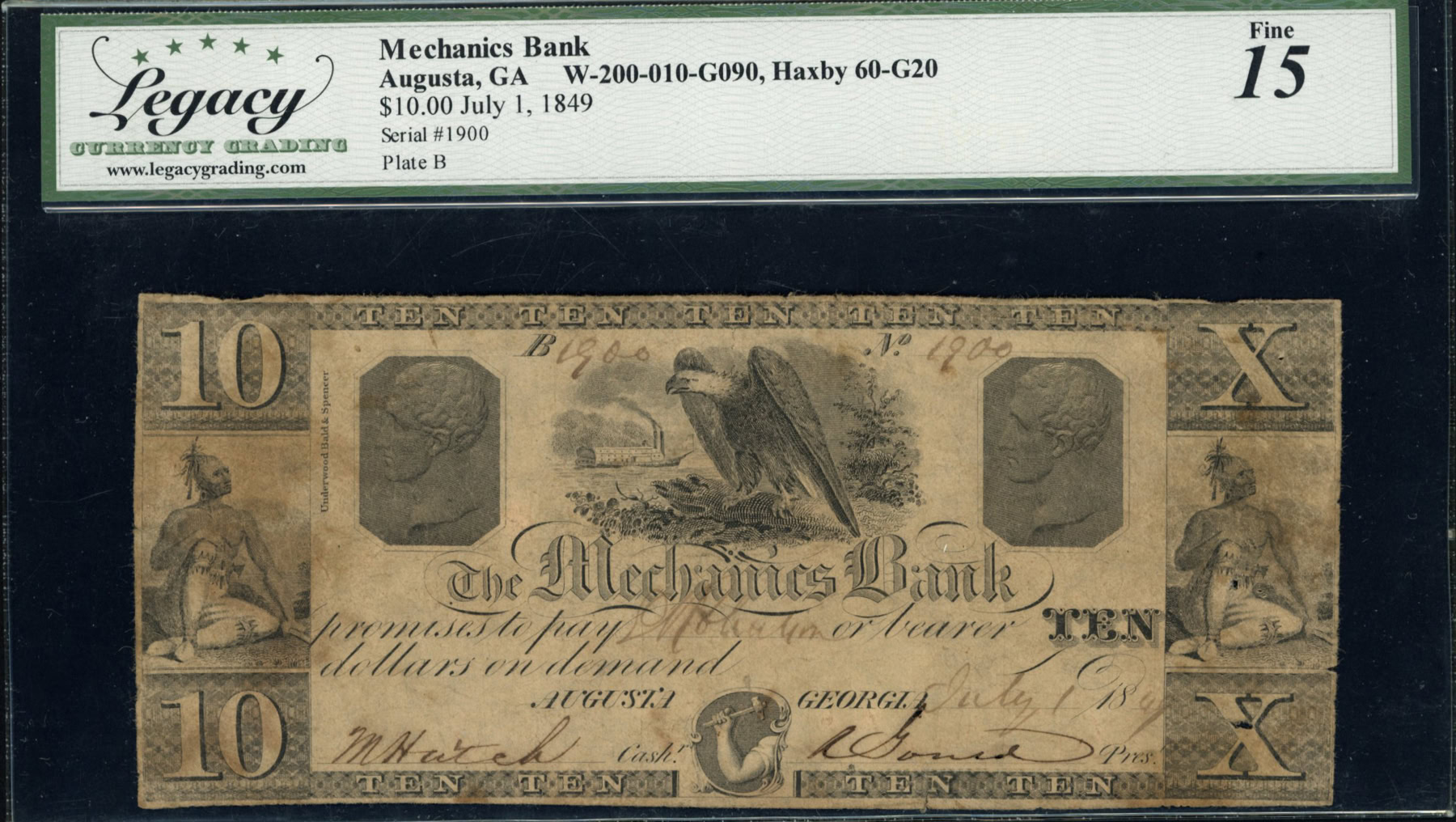 Jul. 1, 1849 Augusta, Georgia Mechanics Bank $10 Note Legacy Fine 15 ...