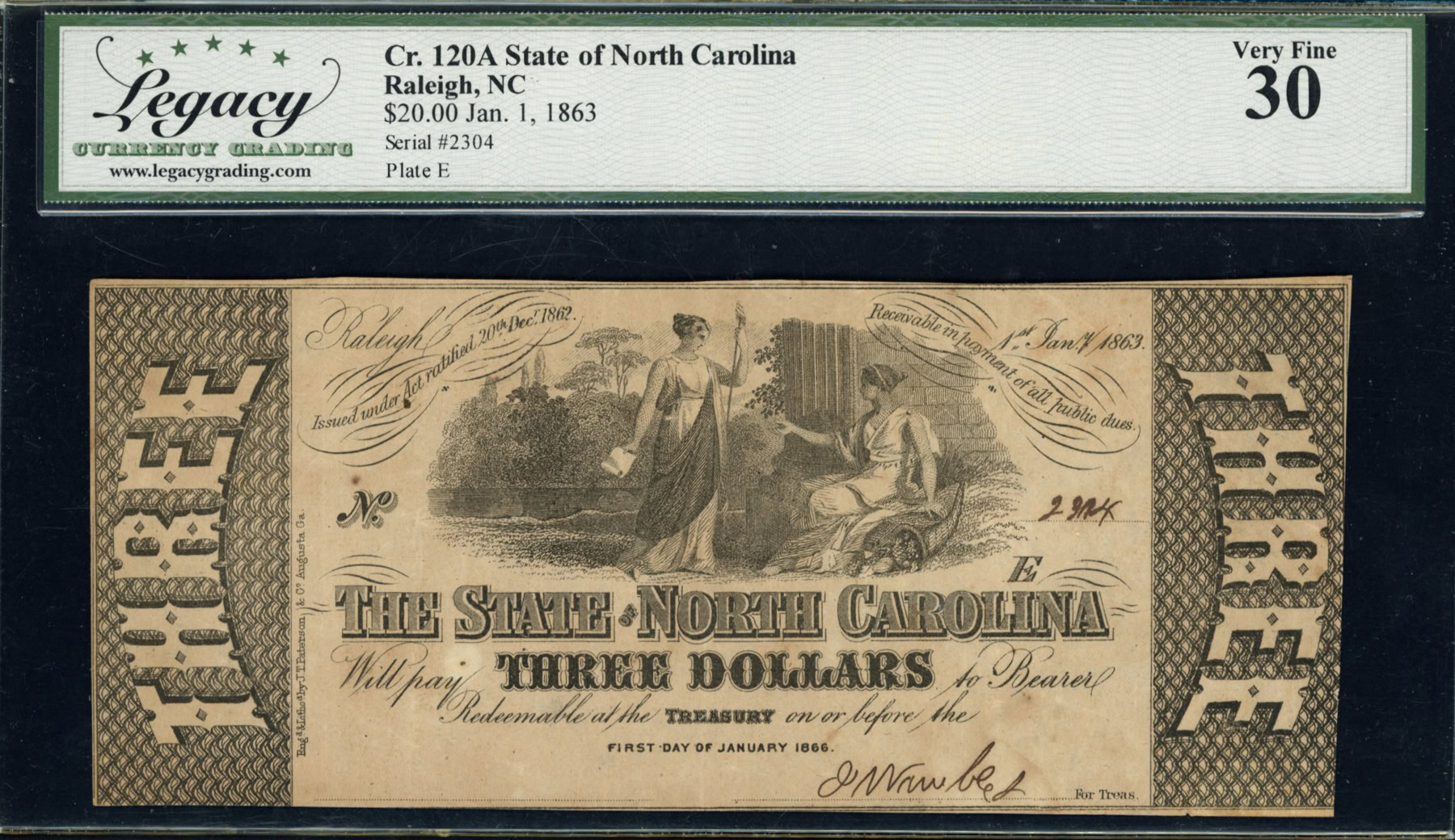 1863 Raleigh, North Carolina State of North Carolina $3 Note Legacy ...