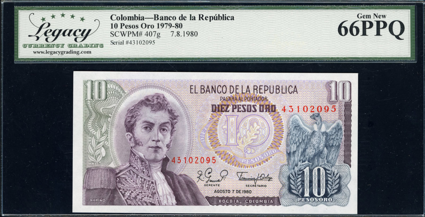 Colombia 1980 10 Pesos Oro Banco de la Republica Note SCWPM-407g Legacy ...