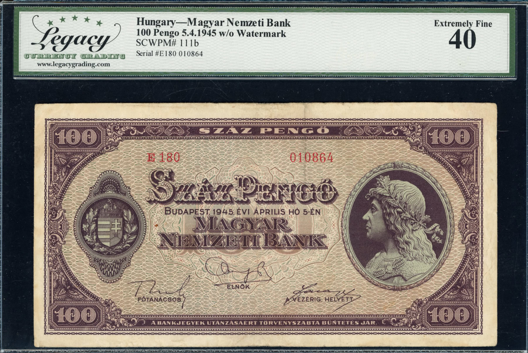 Hungary 1945 100 Pengo Magyar Nemzeti Bank Note SCWPM-111b Legacy ...