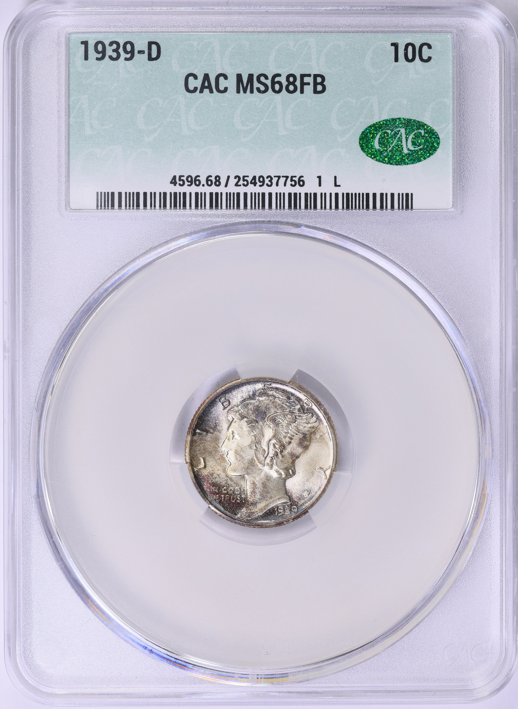 1939-D Mercury Dime CACG MS-68 FB (Toned) (Item 1847356) | GreatCollections Coin Auctions