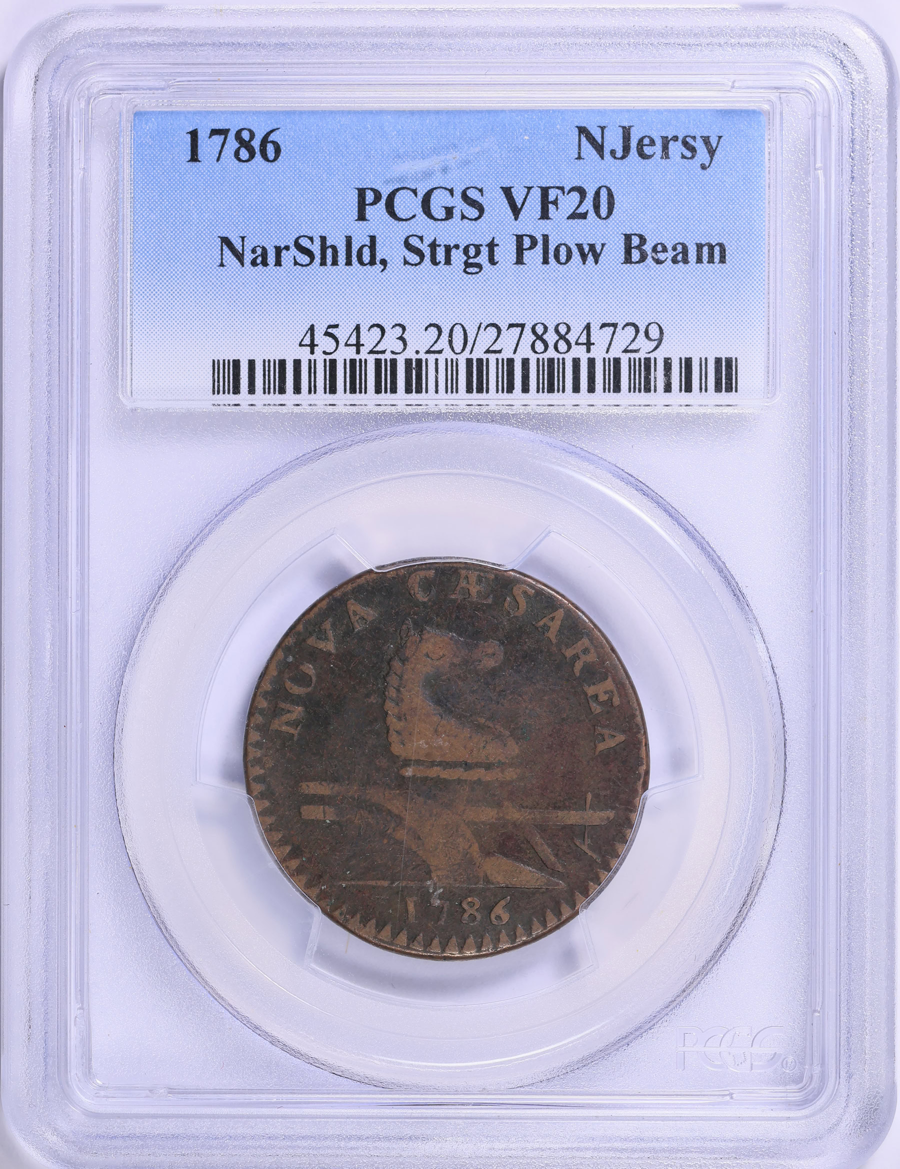 1786 New Jersey Copper Narrow Shield, Straight Plow Beam PCGS VF-20 BN ...