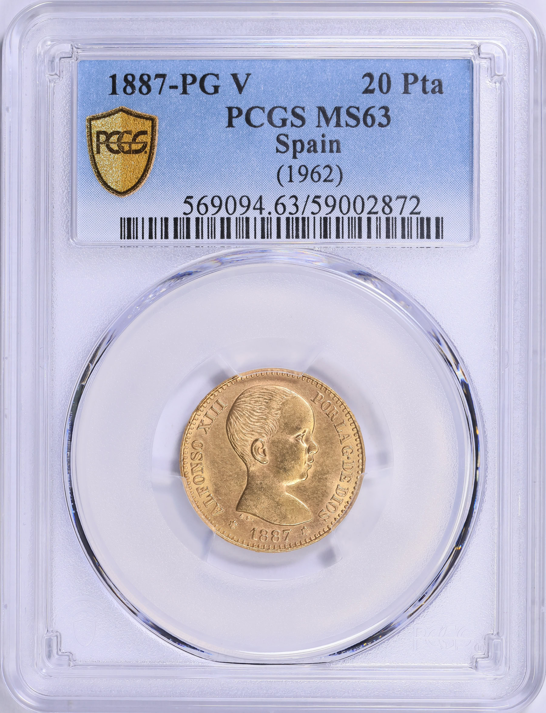 Spain 1887 (1962)-PG V Gold 20 Pesetas Restrike KM-693 PCGS MS-63 (AGW ...