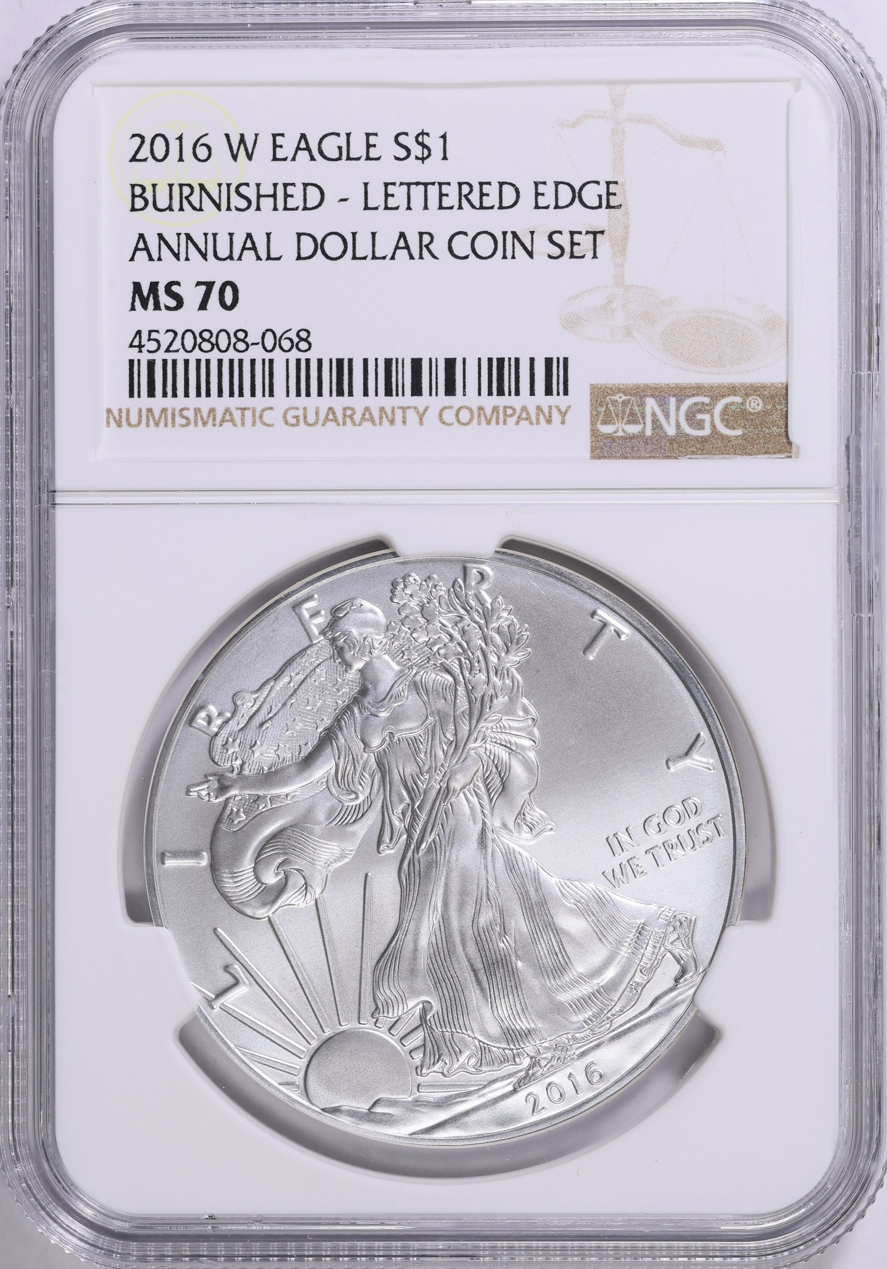 2016-W $1 Silver Eagle Burnished Lettered Edge (From the Annual Dollar Coin Set) NGC MS-70 (Item ...