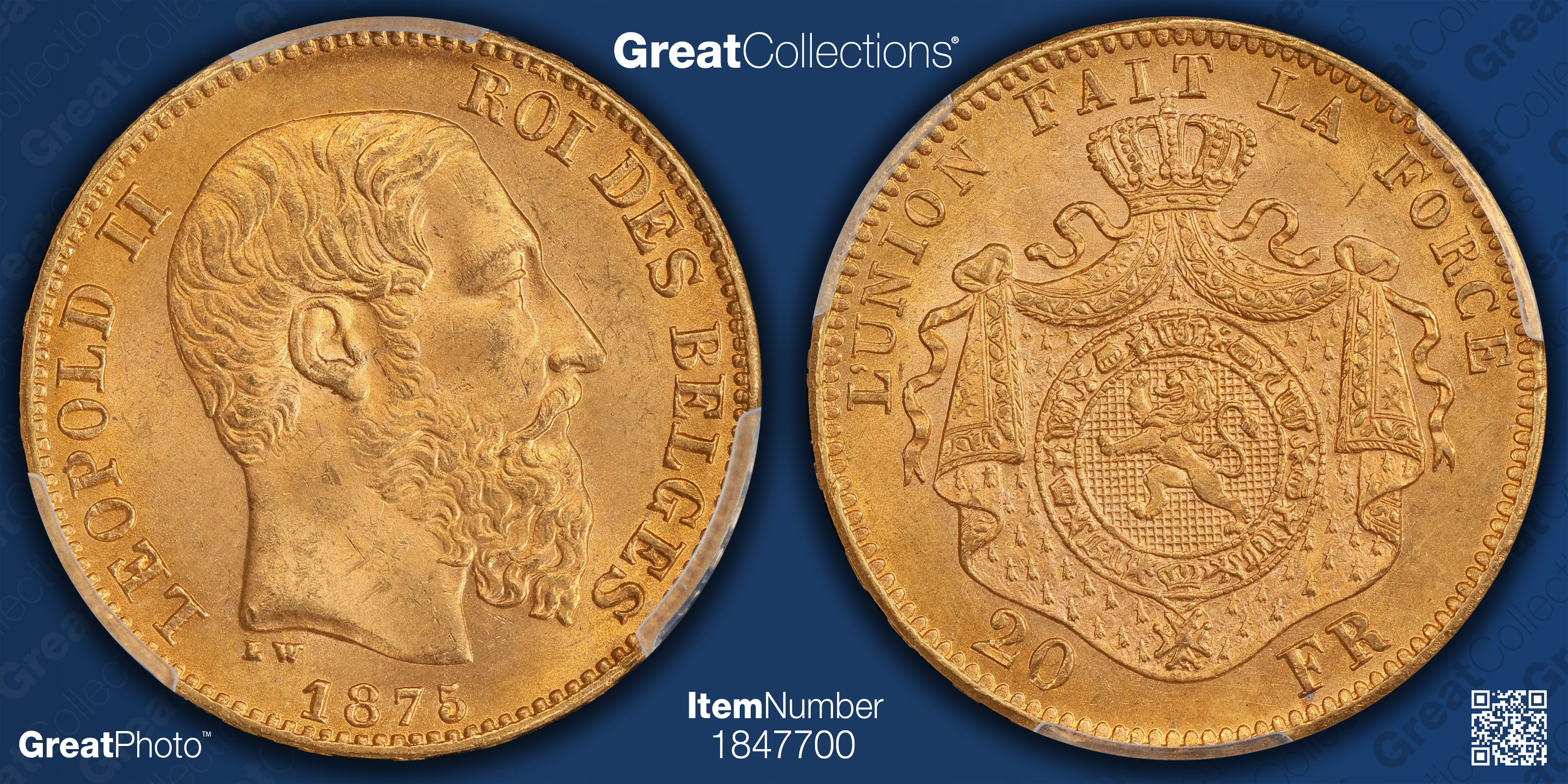 Belgium 1875 Gold 20 Francs KM-37 PCGS MS-64 (AGW = 0.1867 oz.) (Item ...