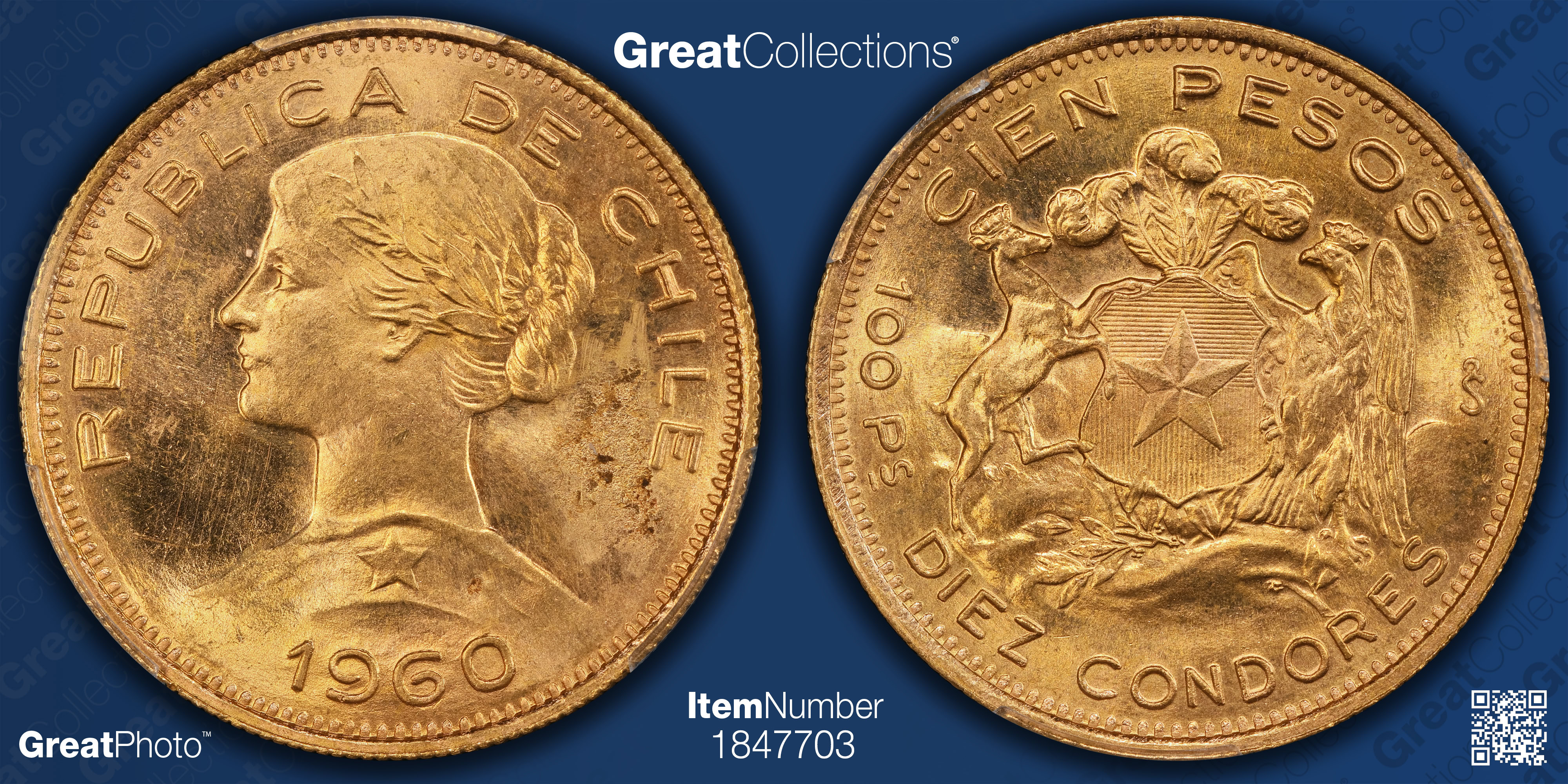 Chile 1960-So Gold 100 Pesos KM-175 PCGS Genuine Unc Details (AGW = 0. ...