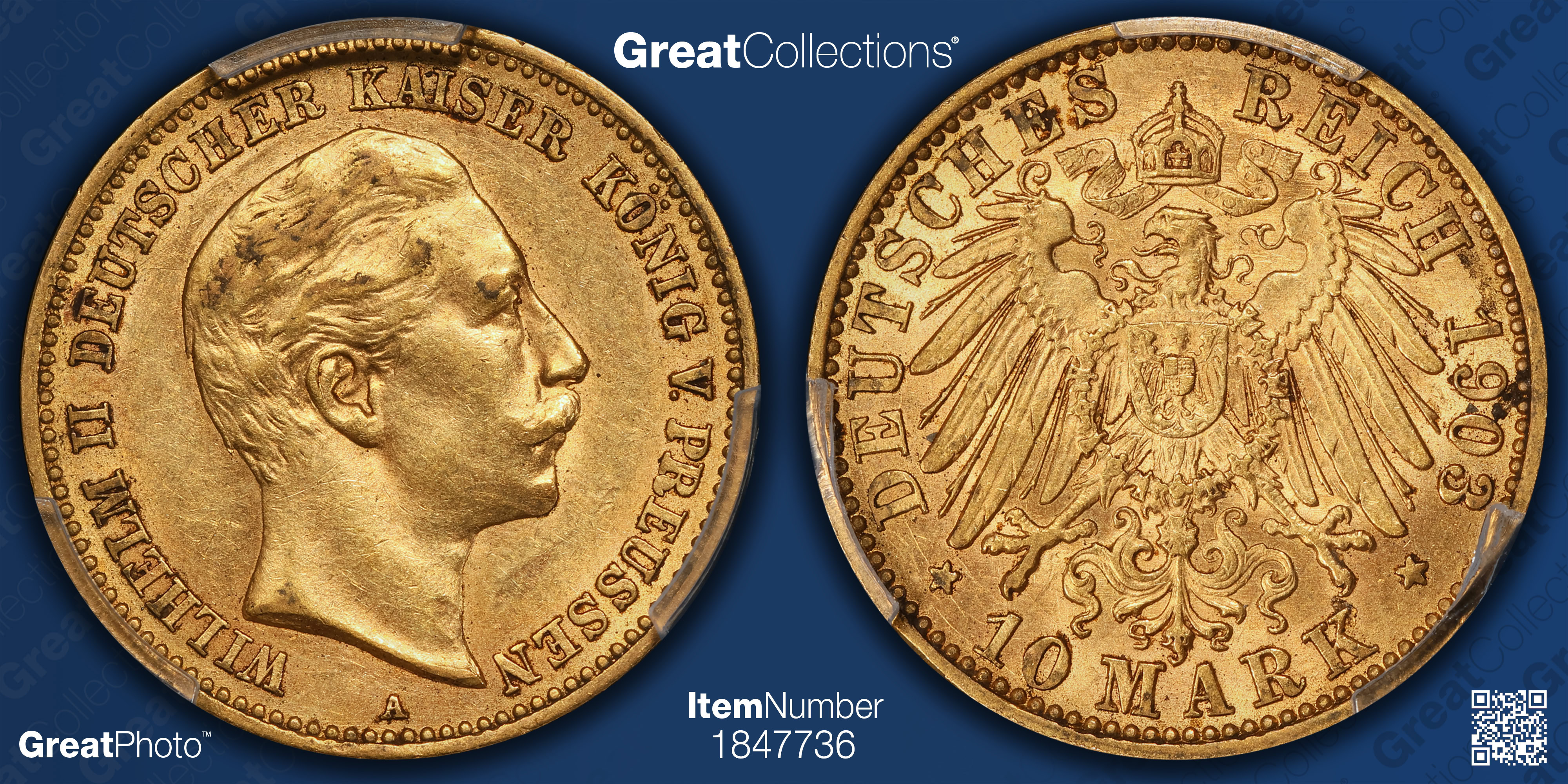 Germany - Prussia 1903-A Gold 10 Marks KM-520 PCGS AU-55 (AGW = 0.1152 ...