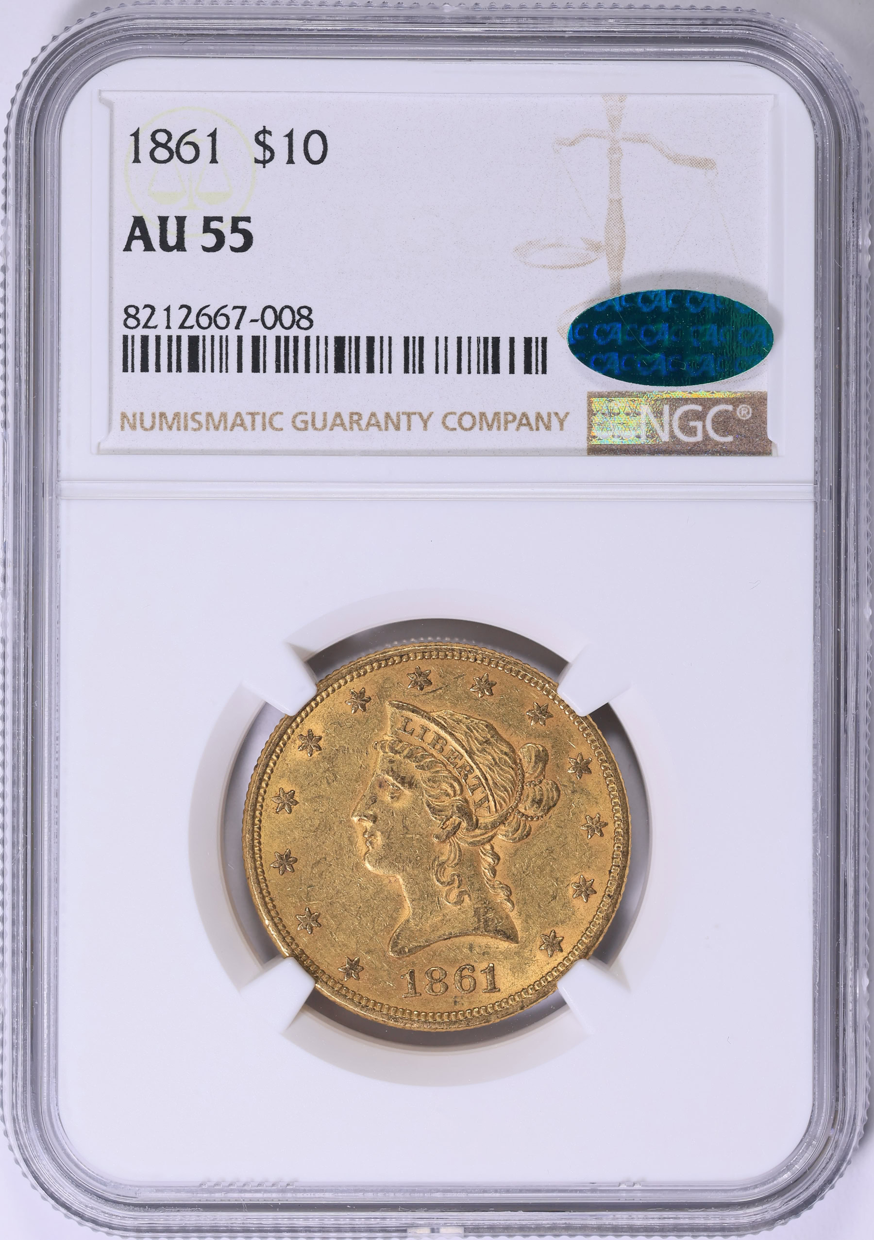 1861 Liberty Gold Eagle NGC AU-55 (CAC Green) (Item 1847764) | GreatCollections Coin Auctions