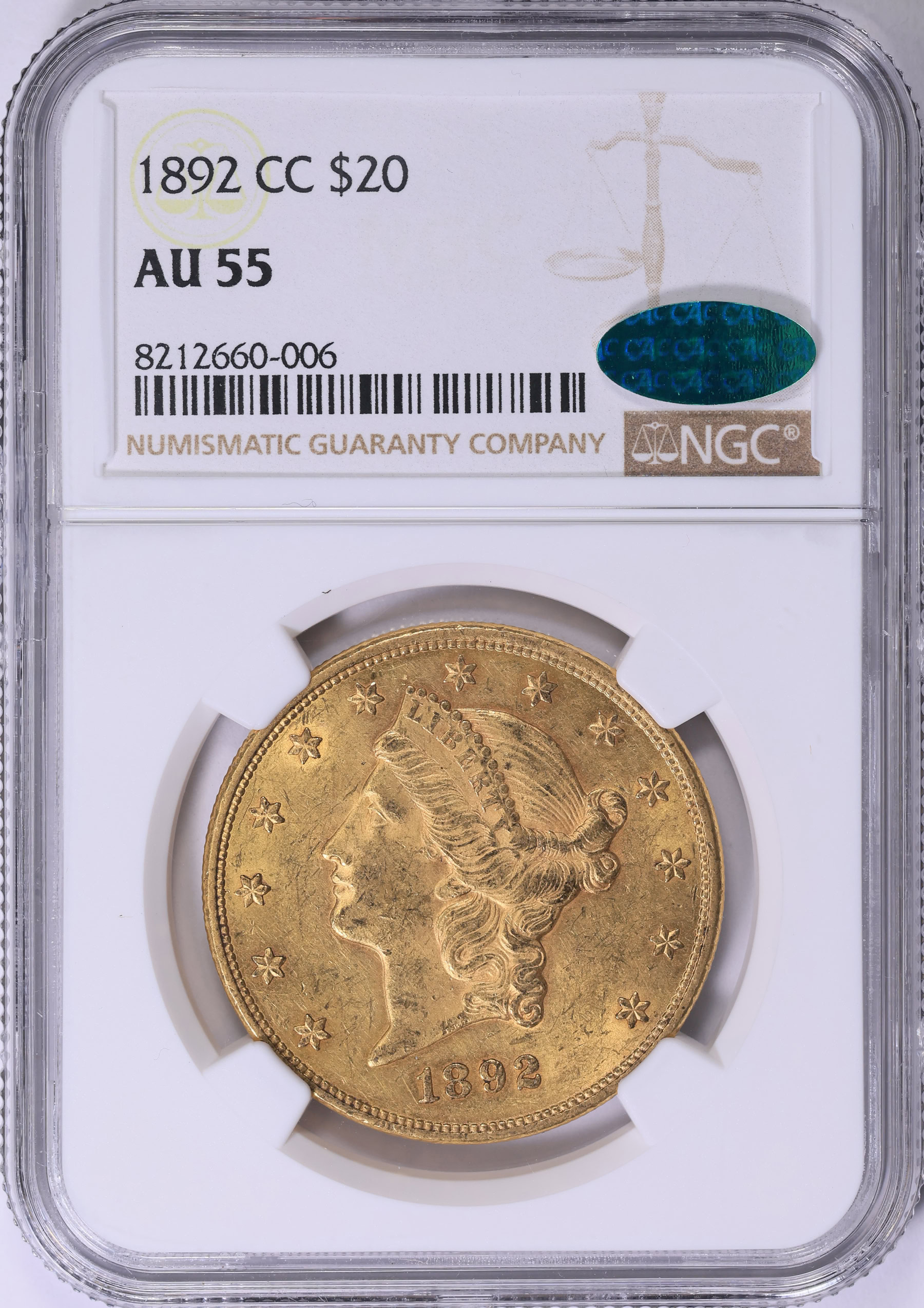 1892-CC Liberty Gold Double Eagle NGC AU-55 (CAC Green) (Item 1847770) | GreatCollections Coin ...